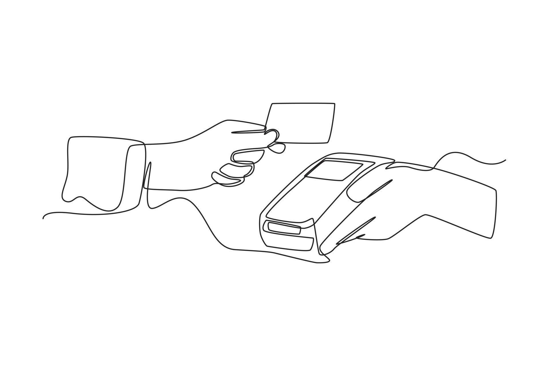 Single one line drawing hand using a credit or debit card for transactions through the terminal ...