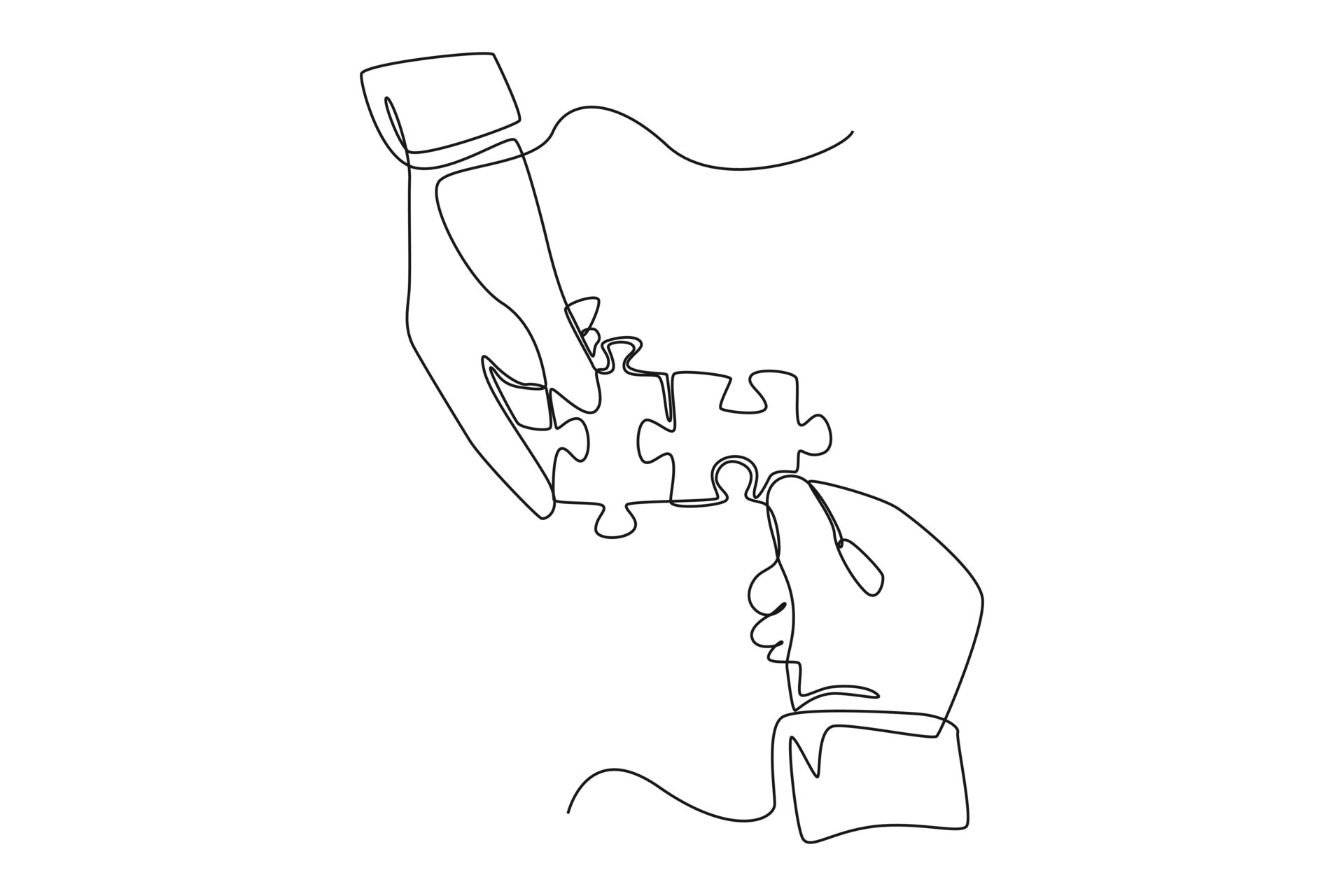 Continuous one line drawing Hands put the puzzle pieces together . Team ...