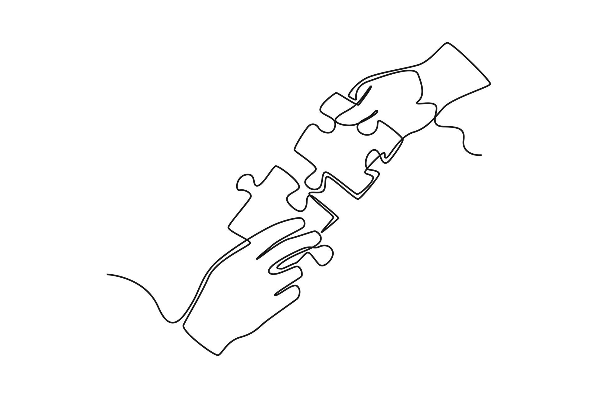 Continuous one line drawing Hands put the puzzle pieces together . Team ...