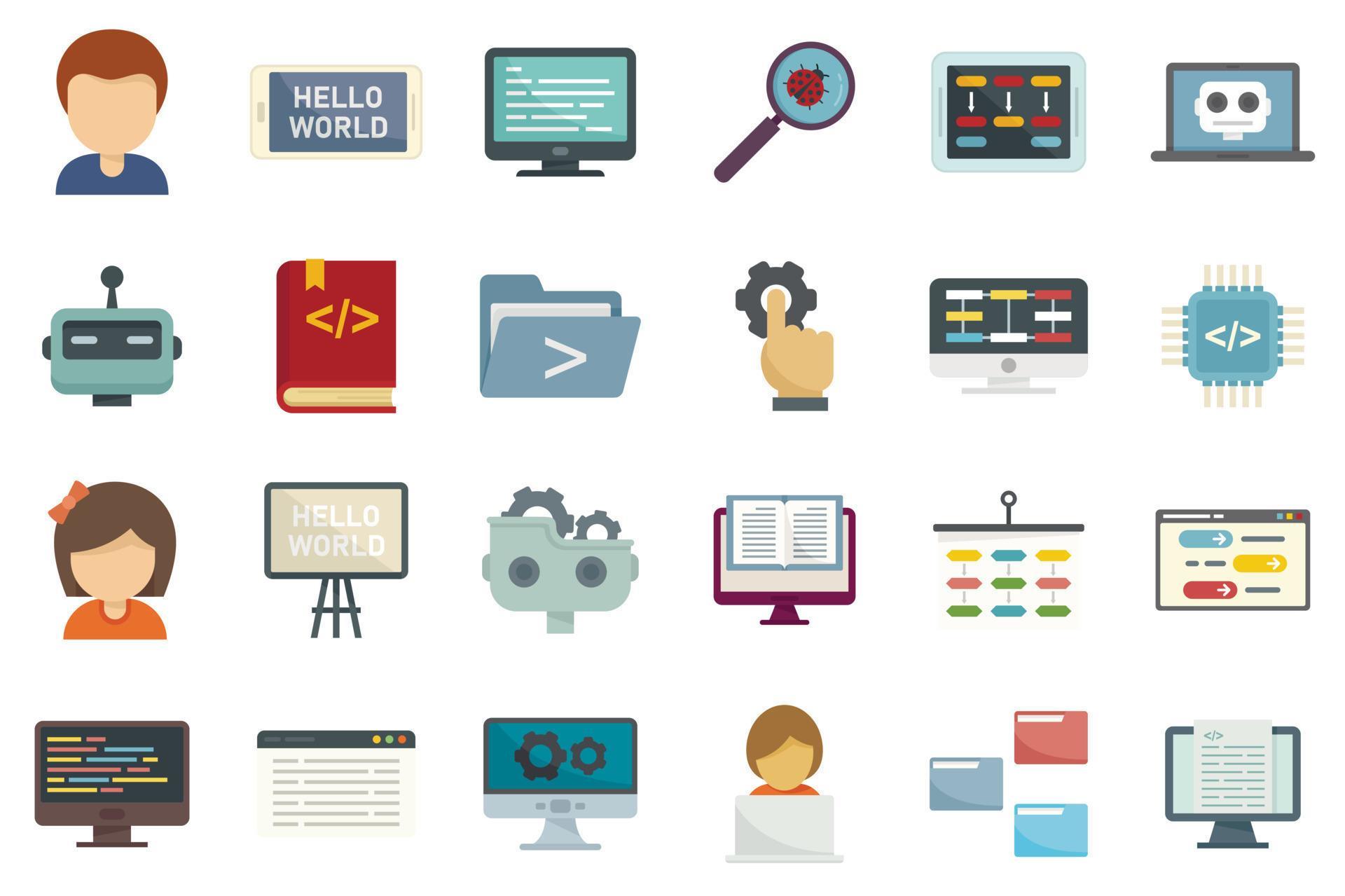 Programming for children icons set, flat style 16816261 Vector Art at ...
