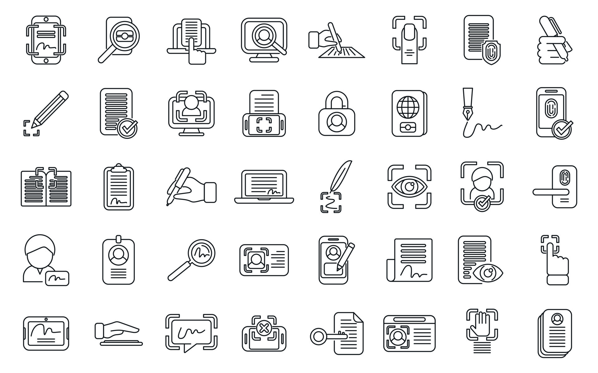 Handwriting Identification Icons Set Outline Vector Access Approve