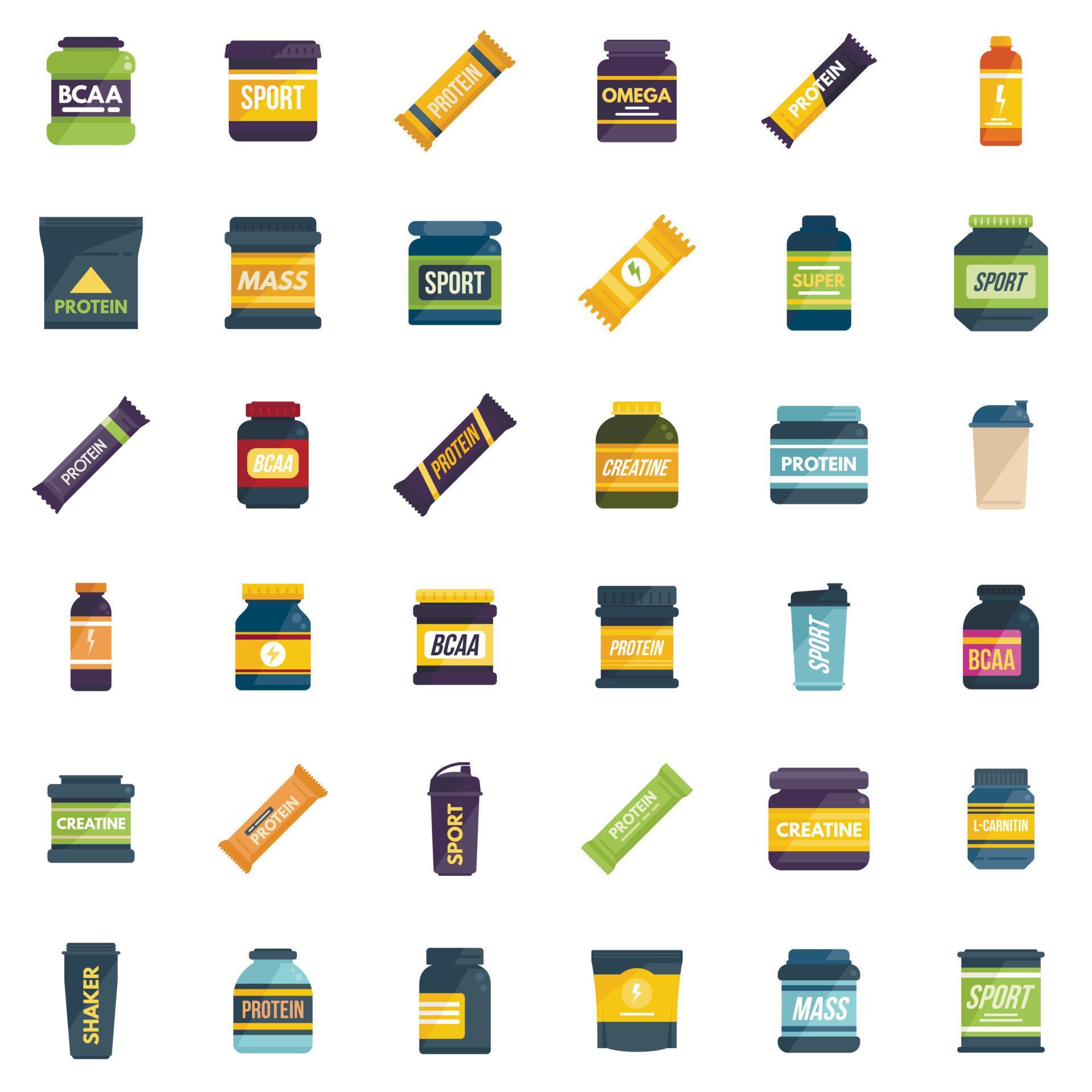 Sports nutrition icons set flat vector. Food energy 16817977 Vector Art ...