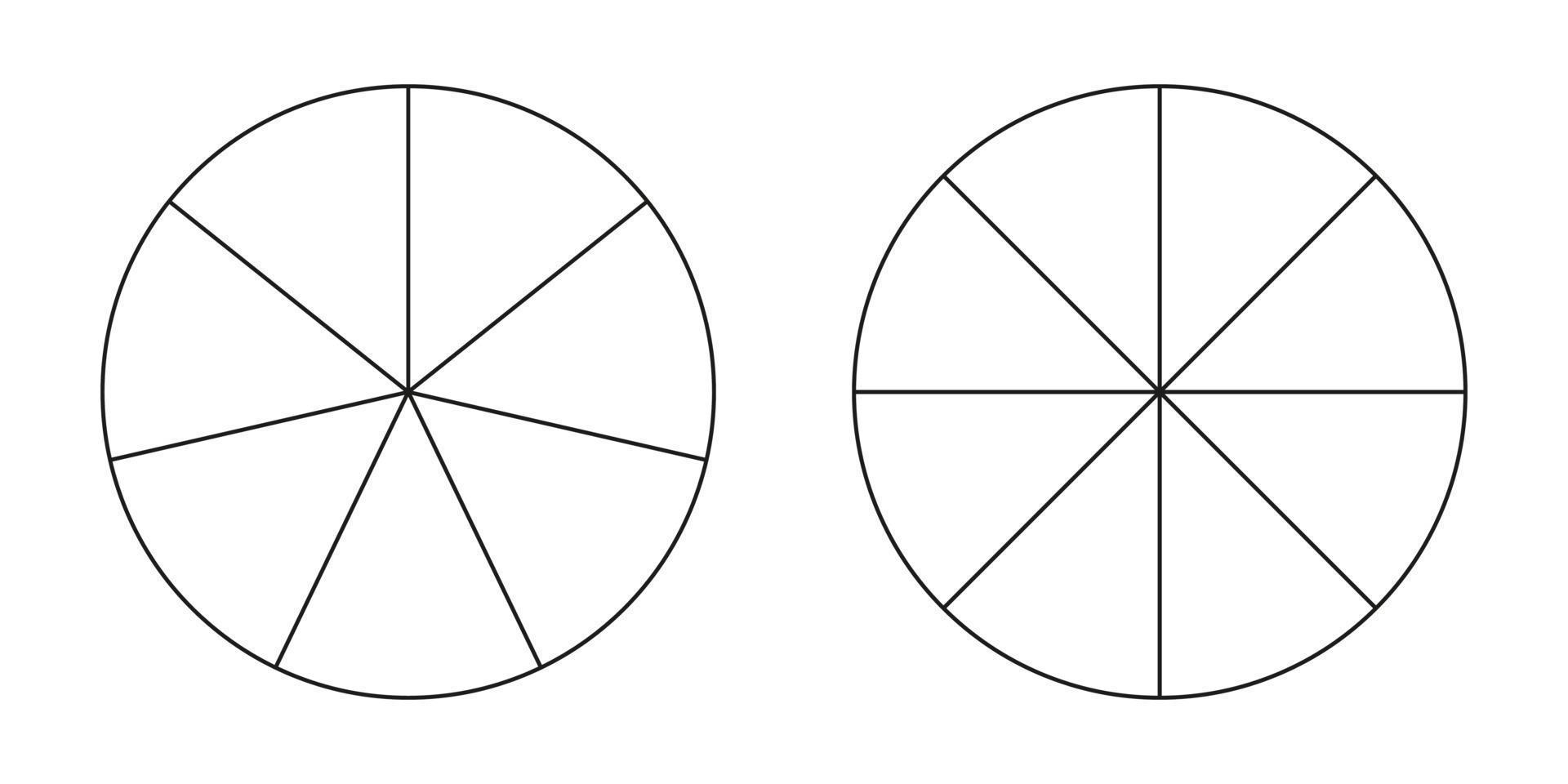 Pie chart, diagram set, seven and eight sections or steps. Circle icons ...
