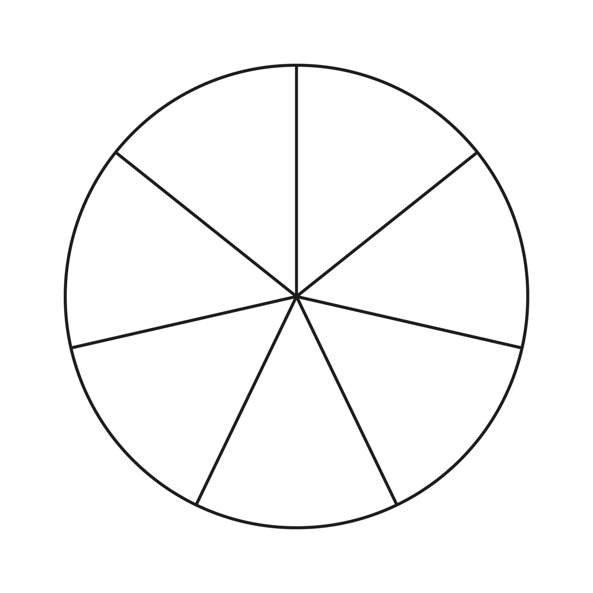 Circle divided in 7 segments. Pizza or pie round shape cut in equal slices. Outline style ...