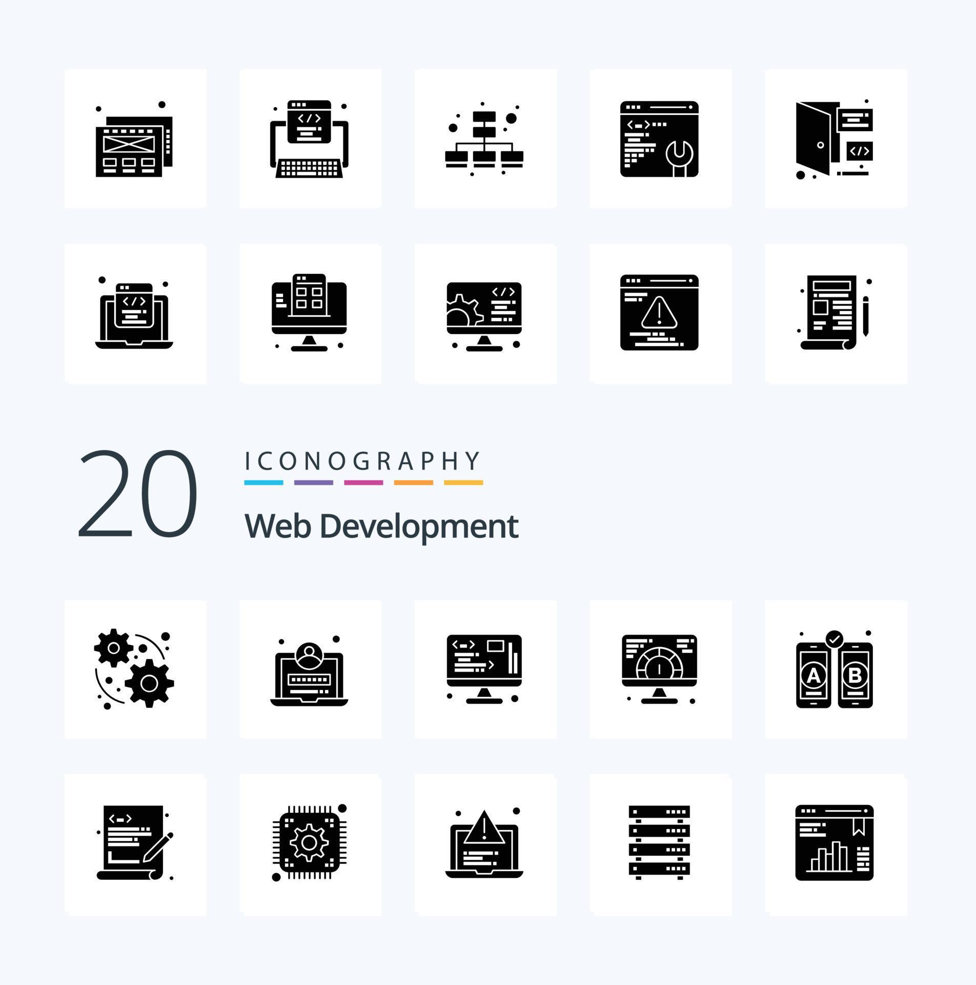 20 Web Development Solid Glyph icon Pack like coding web design management development website ...