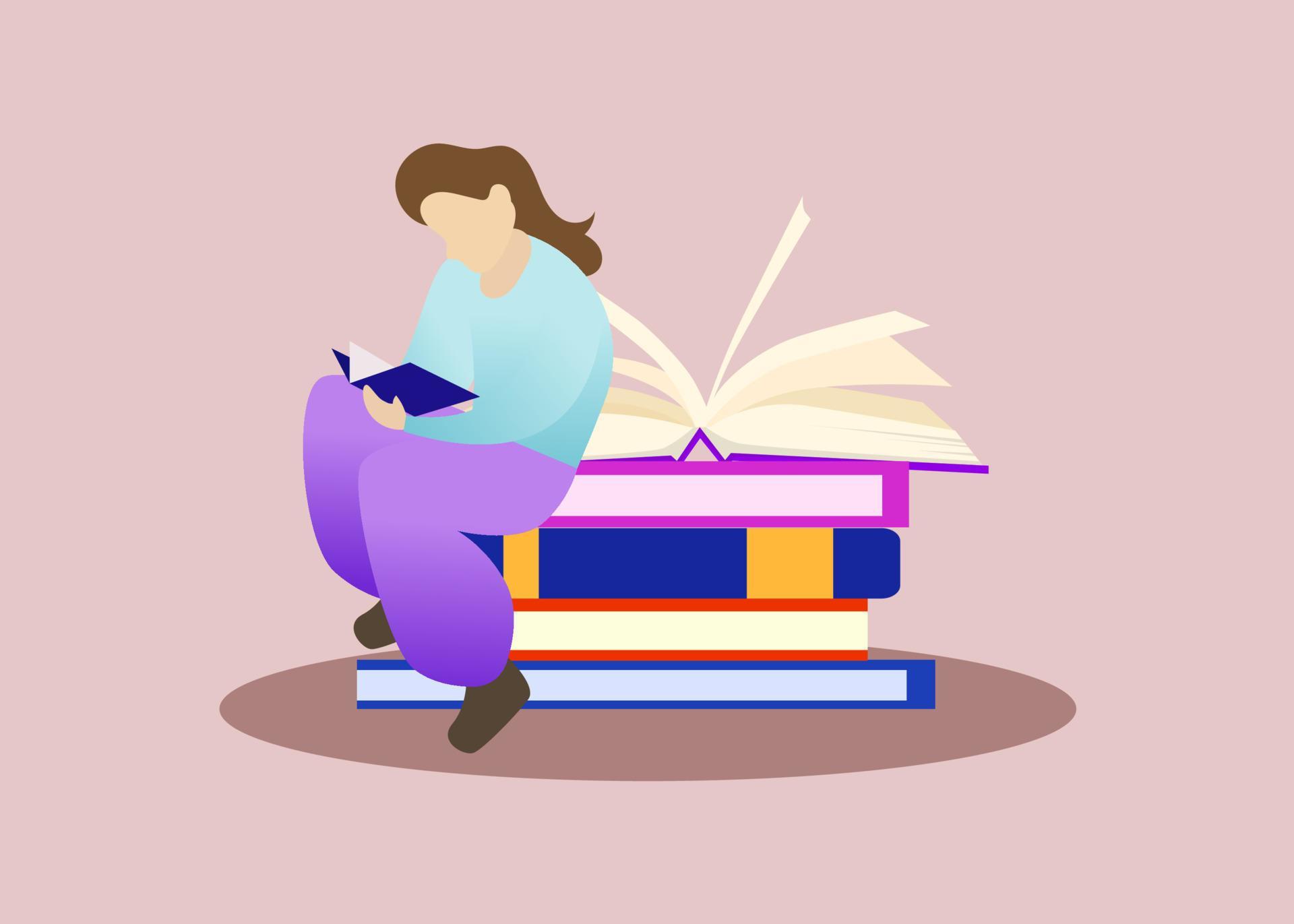 reading a book vector illustration, girl reading a book and sitting in a stack, education ...