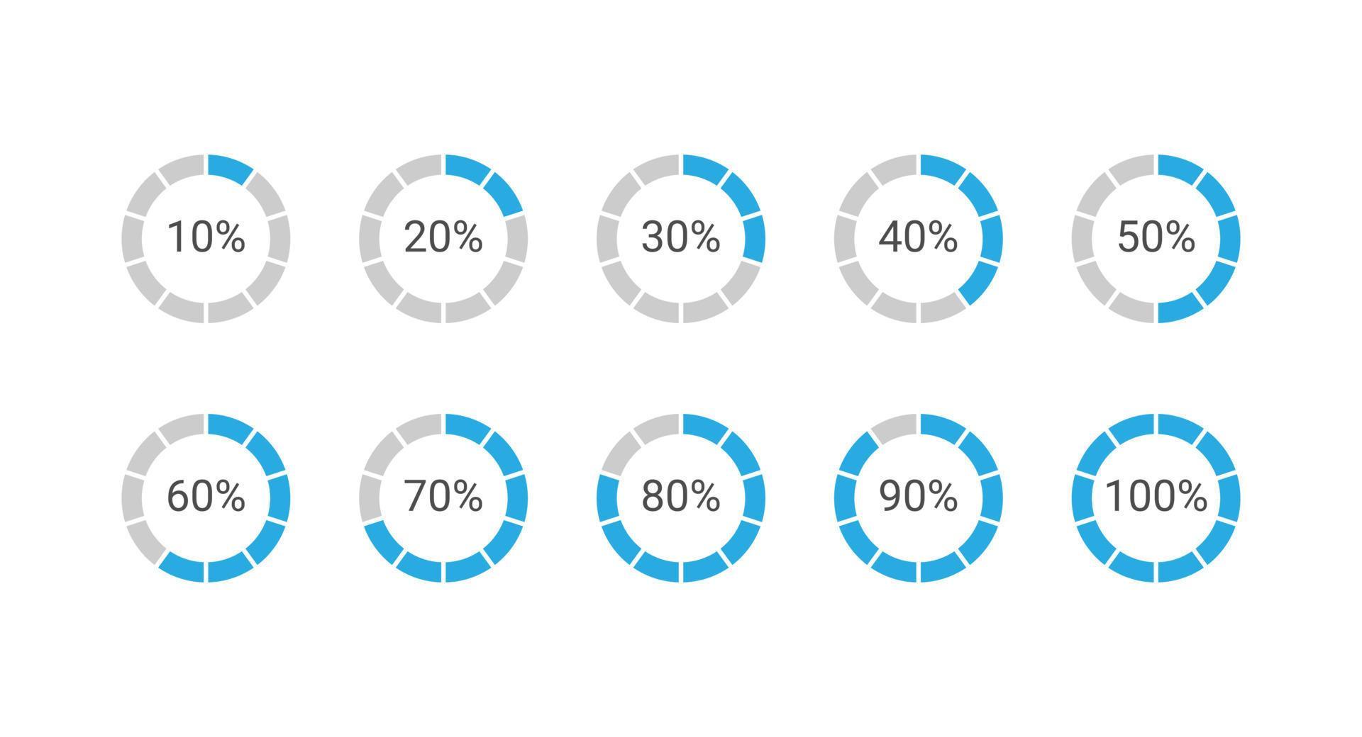 Set of circle percentage diagrams from 10 to 100 for infographic, UI, web design. Indicator with ...