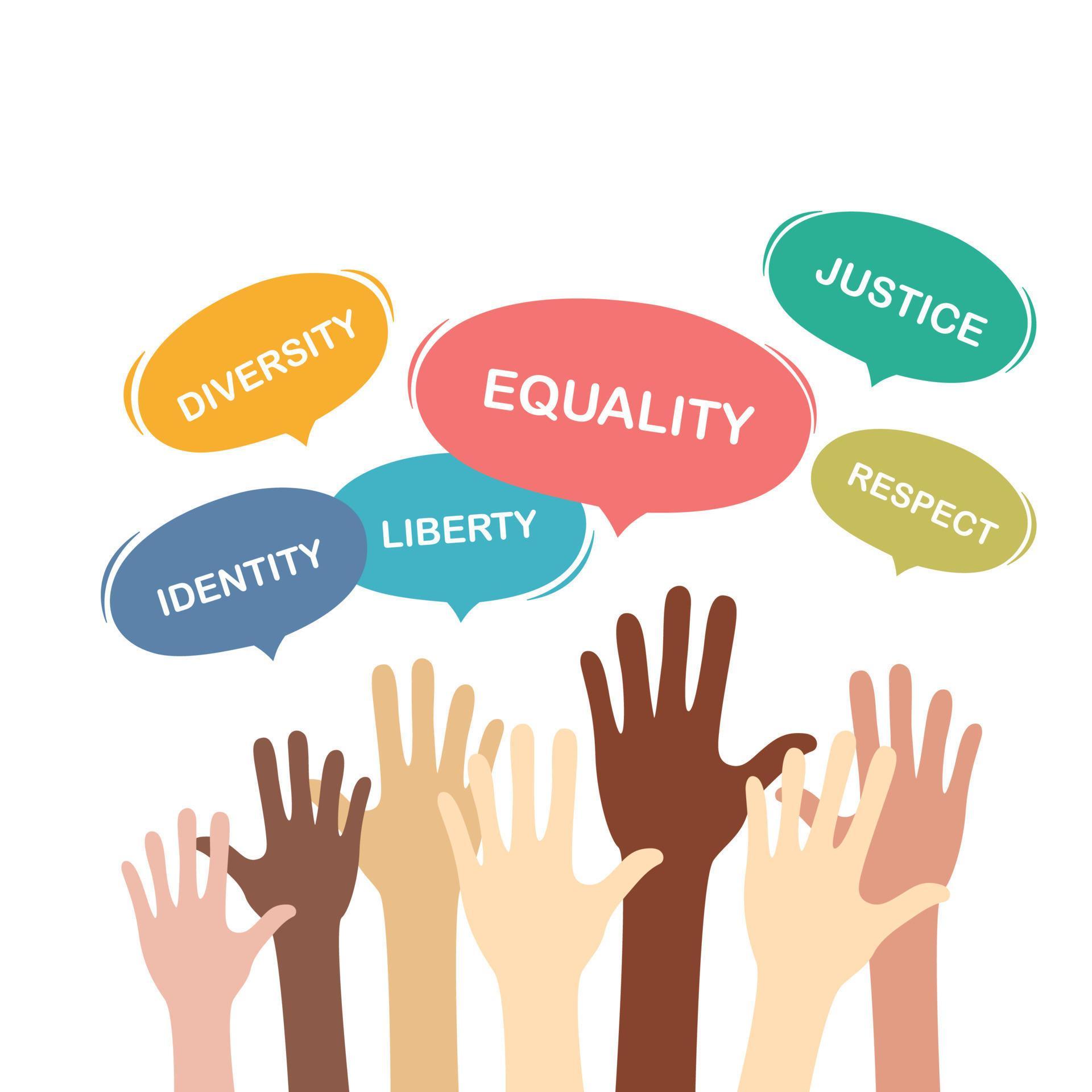 People raise their hands to demand rights. Diversity, Equality, Justice, Liberty, Respect, and ...