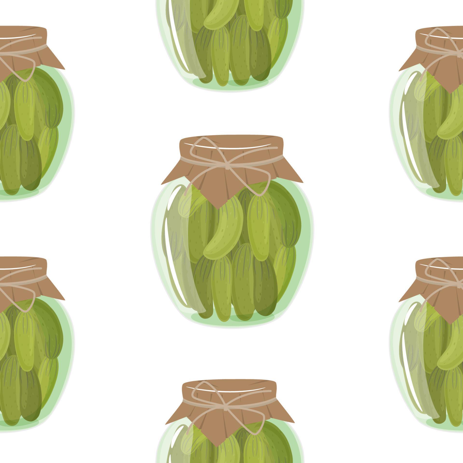 Homemade jar for preserving vegetables seamless pattern. Glass jars with canned Cucumbers ...