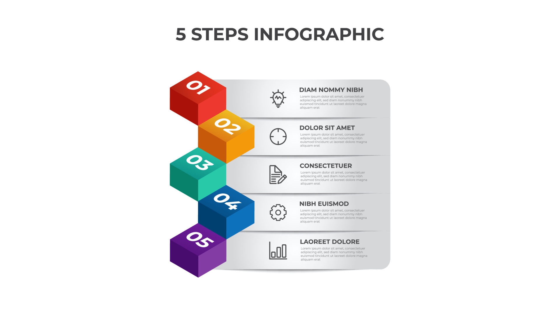 5 list of steps diagram, row layout with isometric number sequence, infographic element template ...