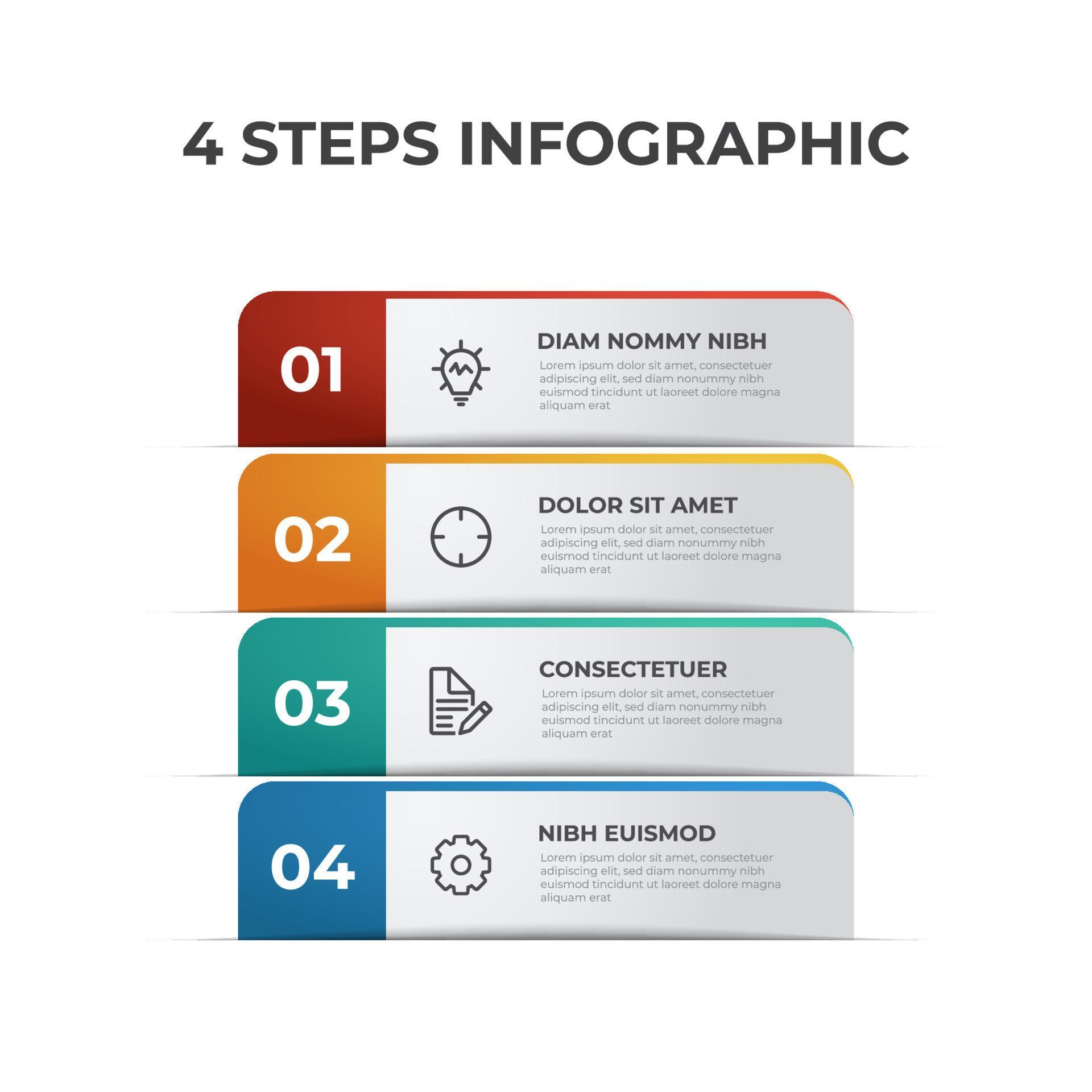 4 list of steps diagram, vertical row layout with number of sequence and icons, infographic ...