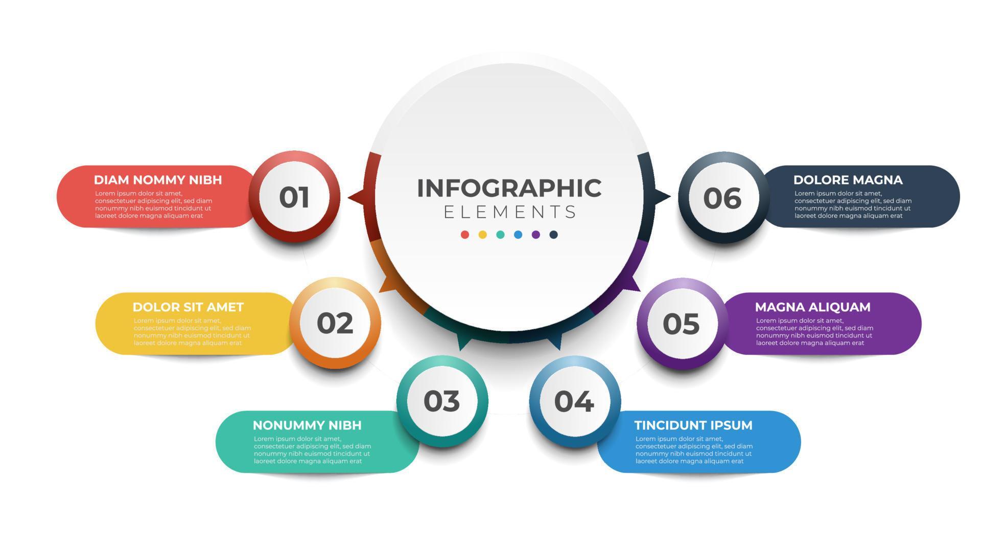 6 list of steps, layout diagram with number of sequence, circular infographic element template ...