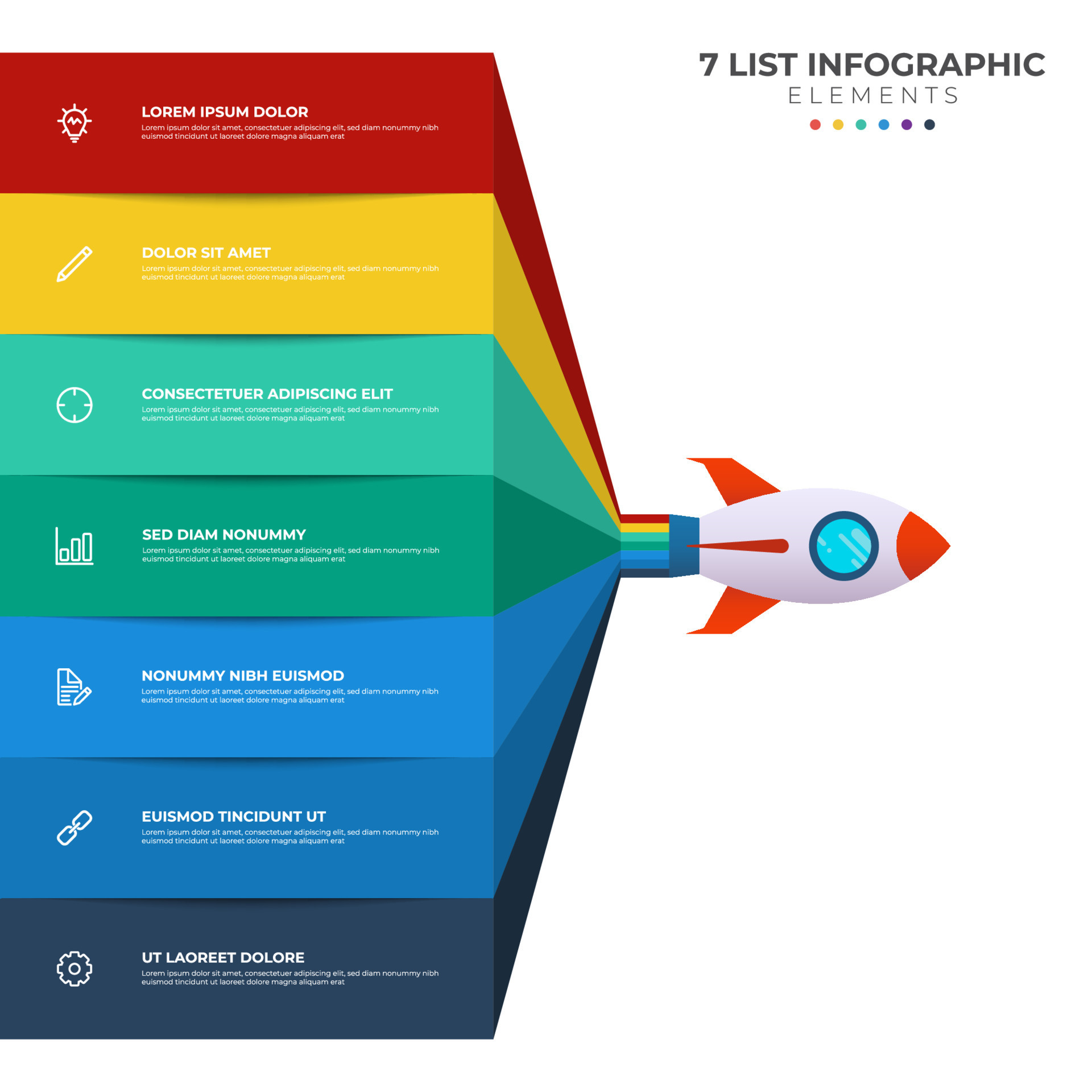 List diagram with 7 points of steps, sequence, colorful rocket launch ... List diagram with 7 points of steps, sequence, colorful rocket launch ...
