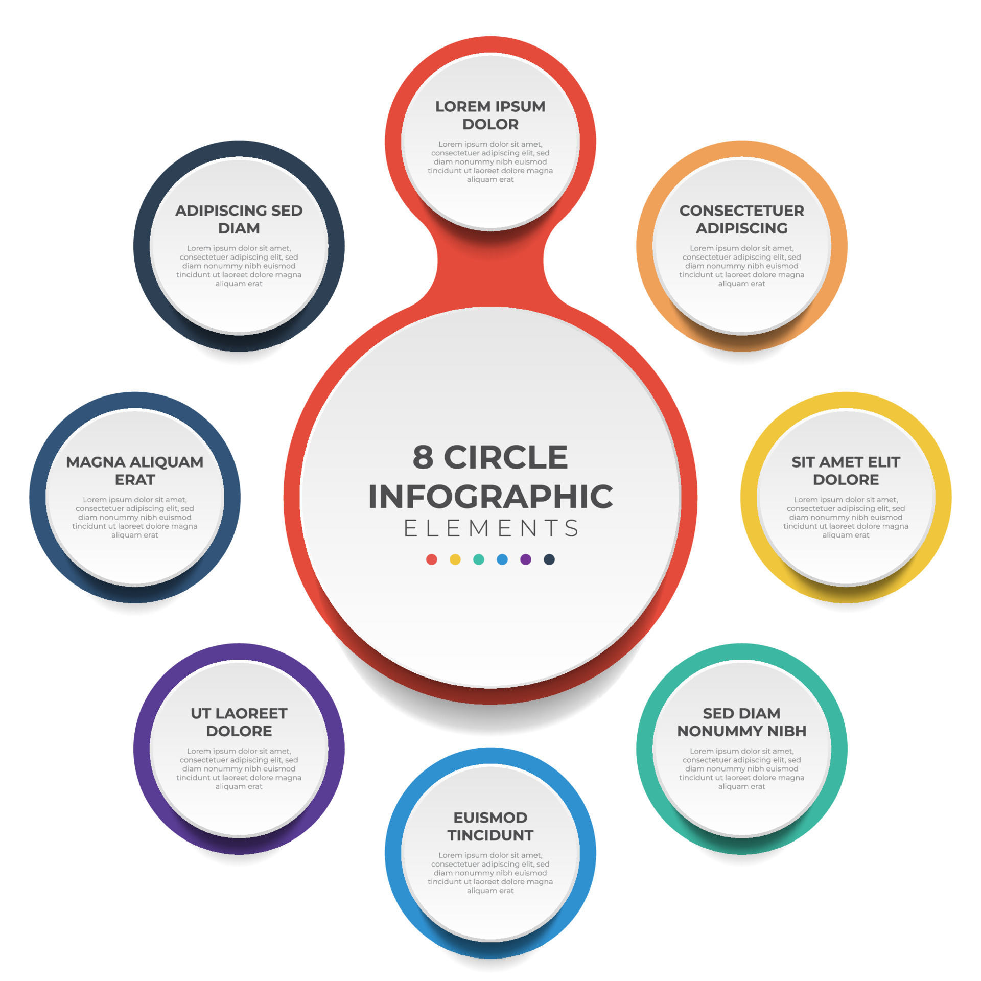 Circular layout diagram with 8 points of steps, sequence, colorful ...
