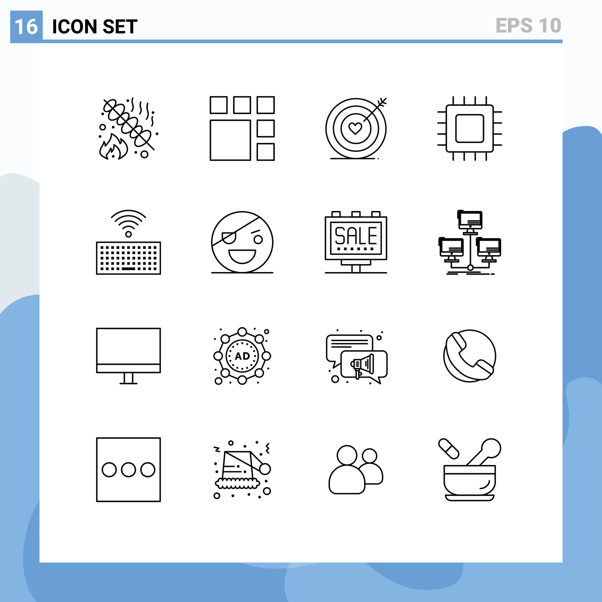 16 Thematic Vector Outlines And Editable Symbols Of Hardware Gadget Target Devices Chip Editable