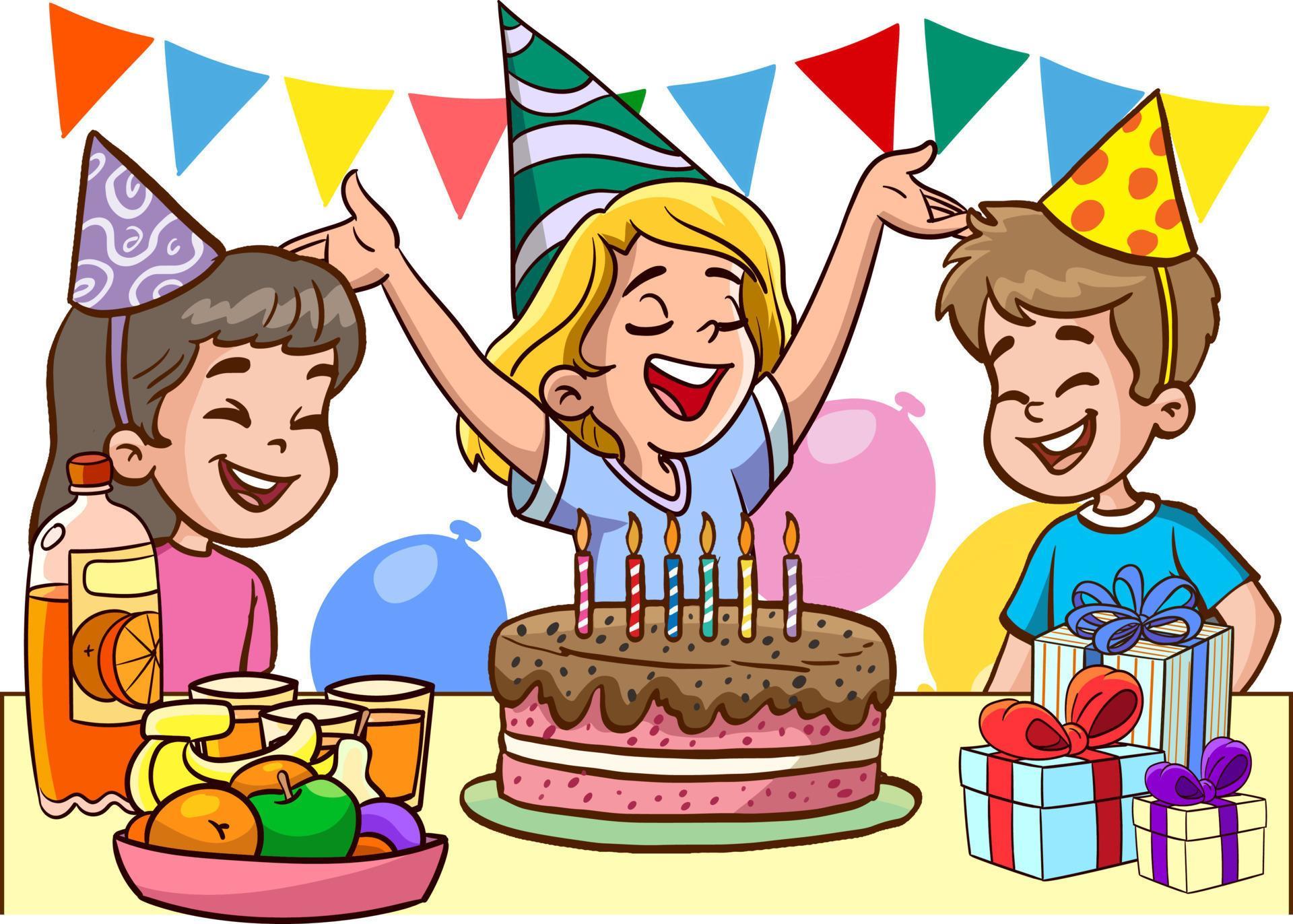 cute little kids celebrating birthday cartoon vector illustration ...