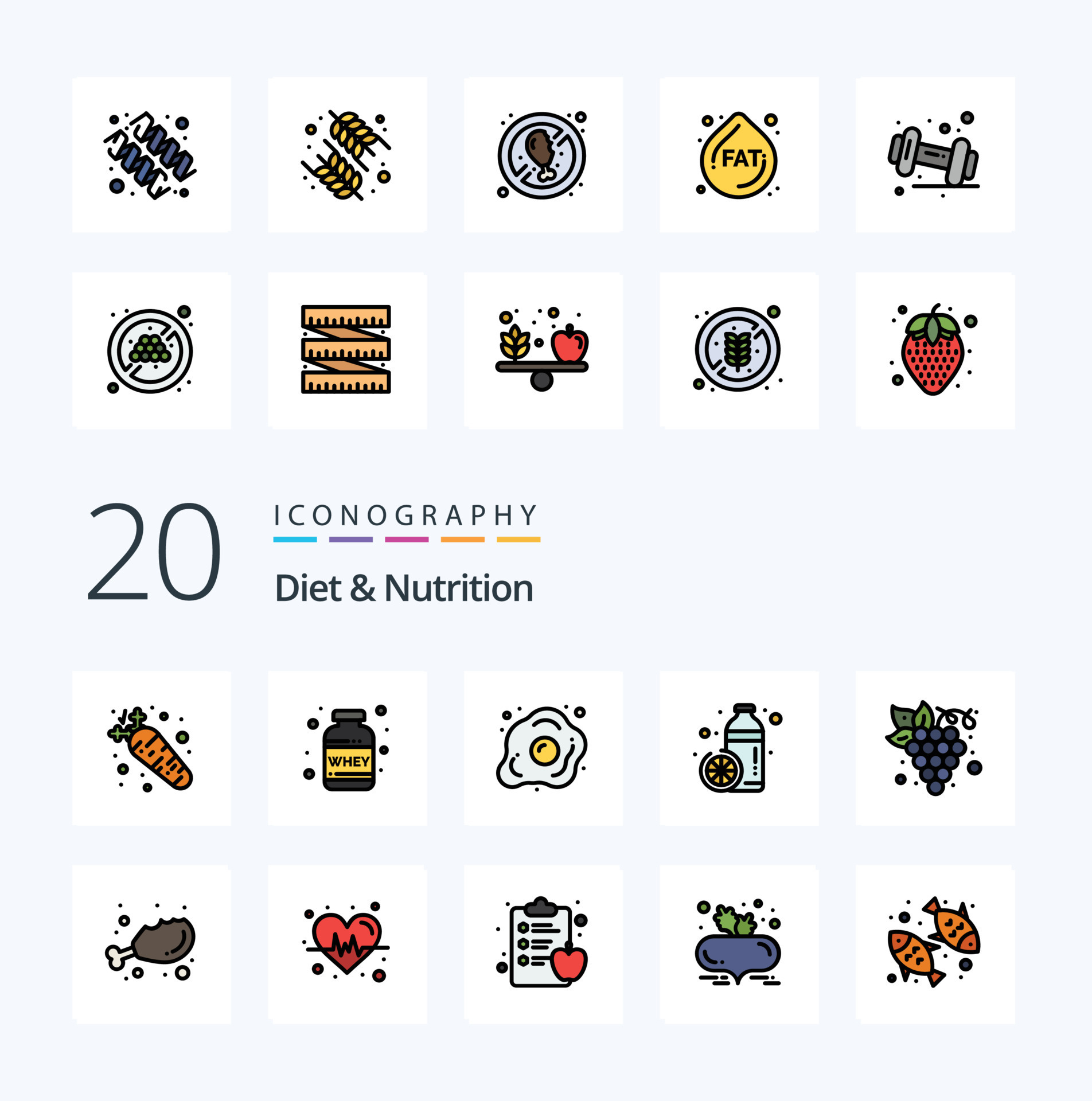 20 Diet And Nutrition Line Filled Color icon Pack like orange healthy ...