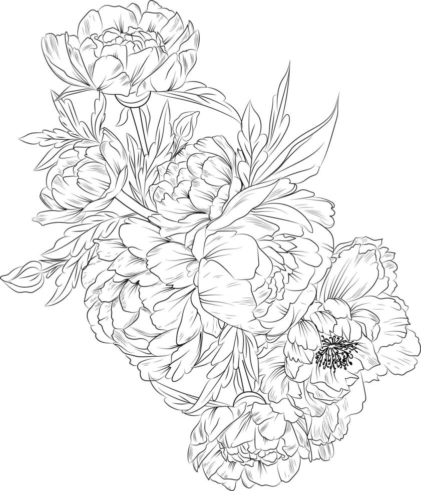 Bouquet of peony Flower, zentangle art easy sketches with decorative ... Bouquet of peony Flower, zentangle art easy sketches with decorative ...