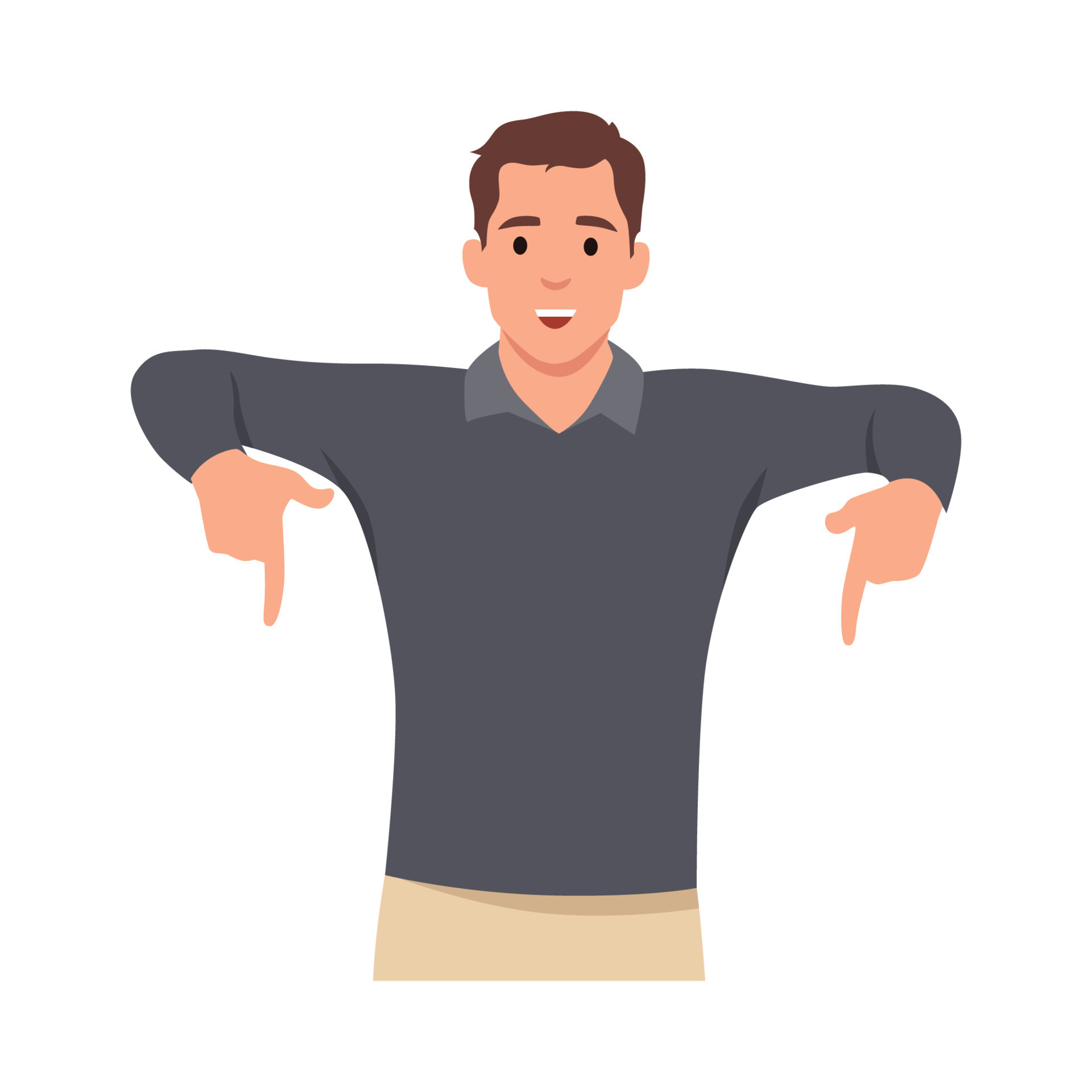 Young man standing behind the white blank banner and pointing down at a copy space. Flat vector ...