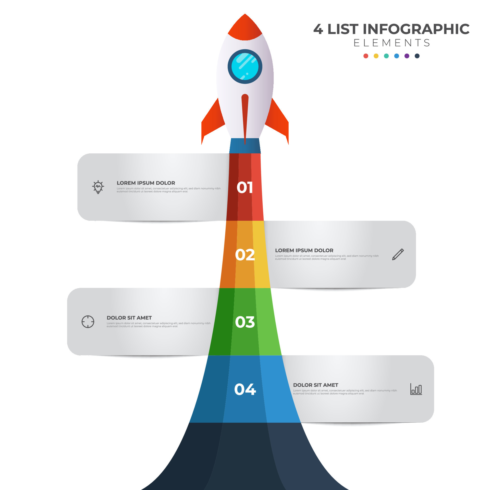 List diagram with 4 number points of step, sequence, colorful rocket launch startup, infographic ...