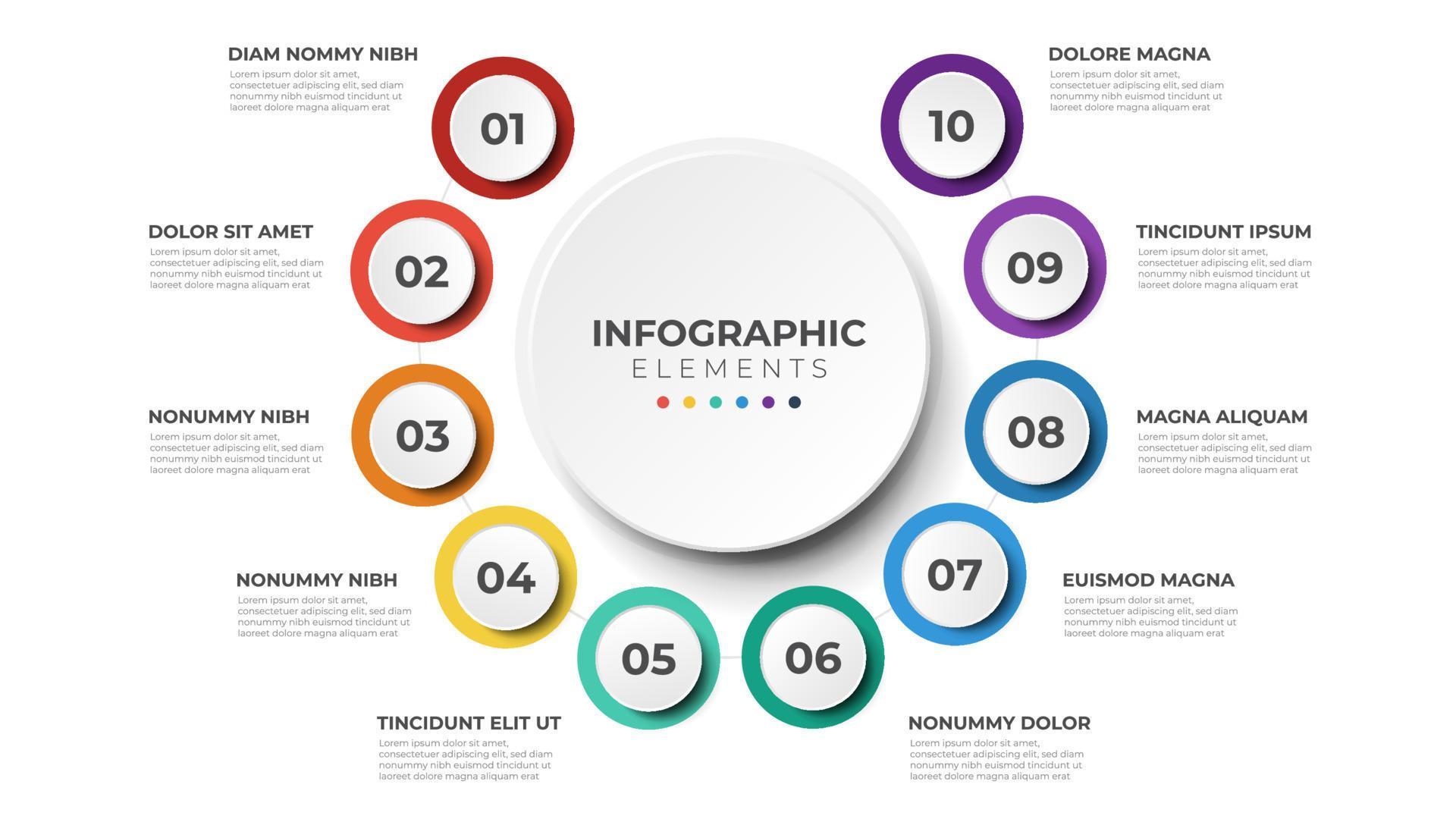 10 list of steps, circular layout diagram with number of sequence, infographic element template ...