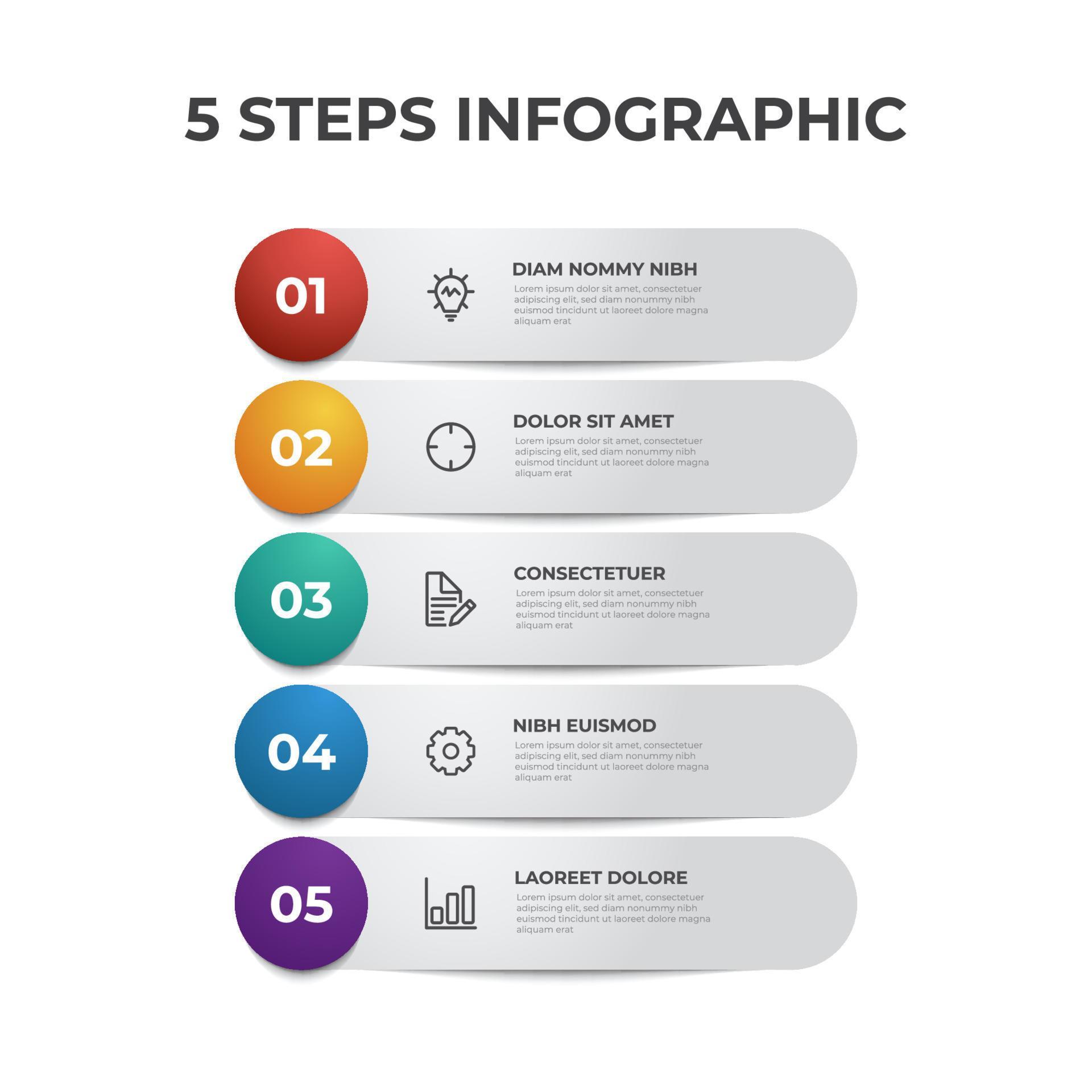 5 row list of steps, layout diagram with number of sequence and icons, infographic element ...