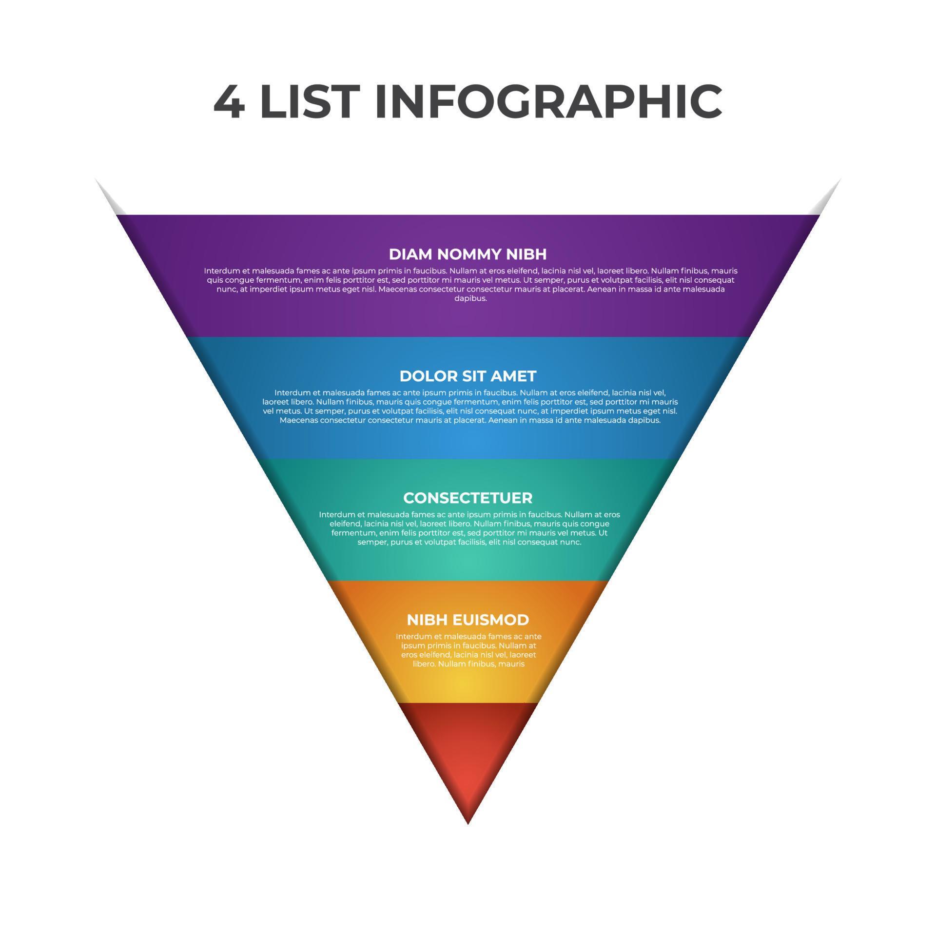 4 points, layers, options, step of list infographic element with funnel ...