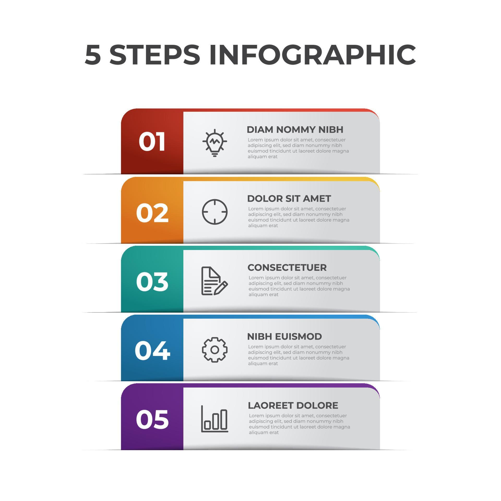 5 list of steps diagram, vertical row layout with number of sequence and icons, infographic ...