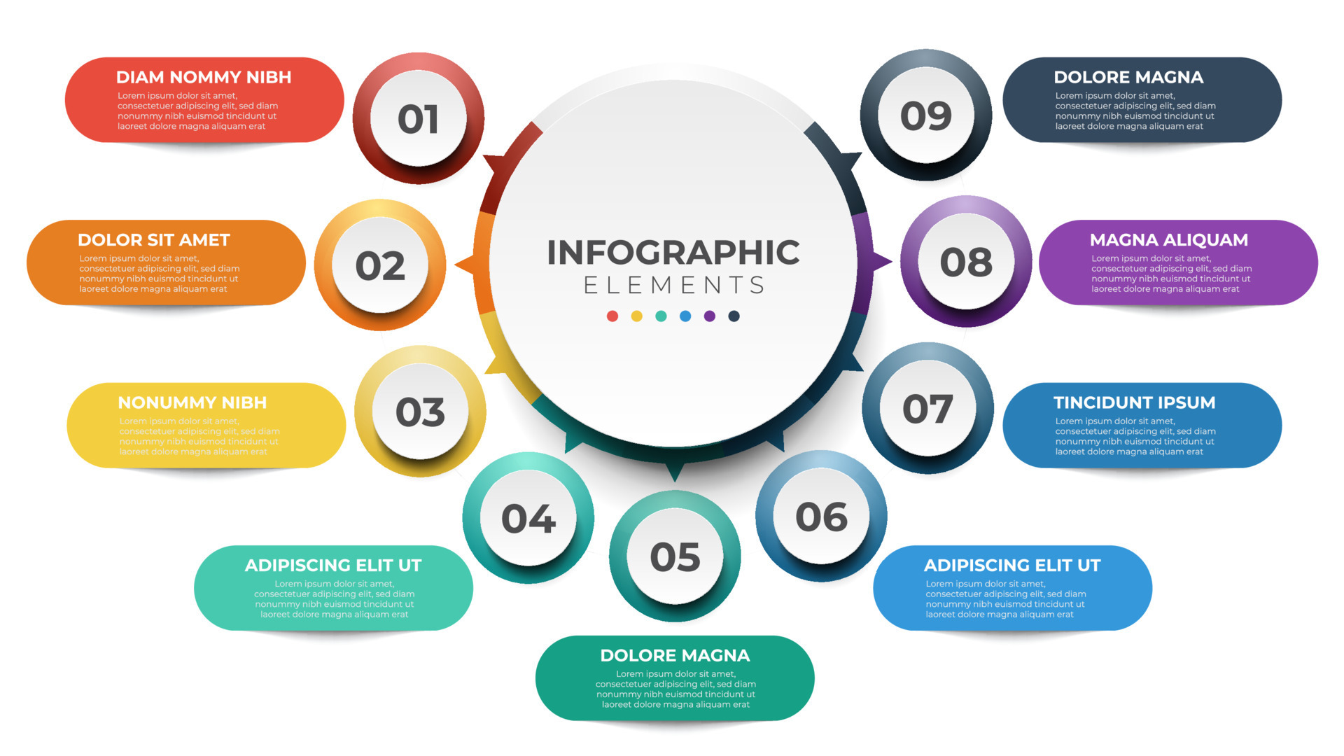 9 list of steps, layout diagram with number of sequence, circular infographic element template ...