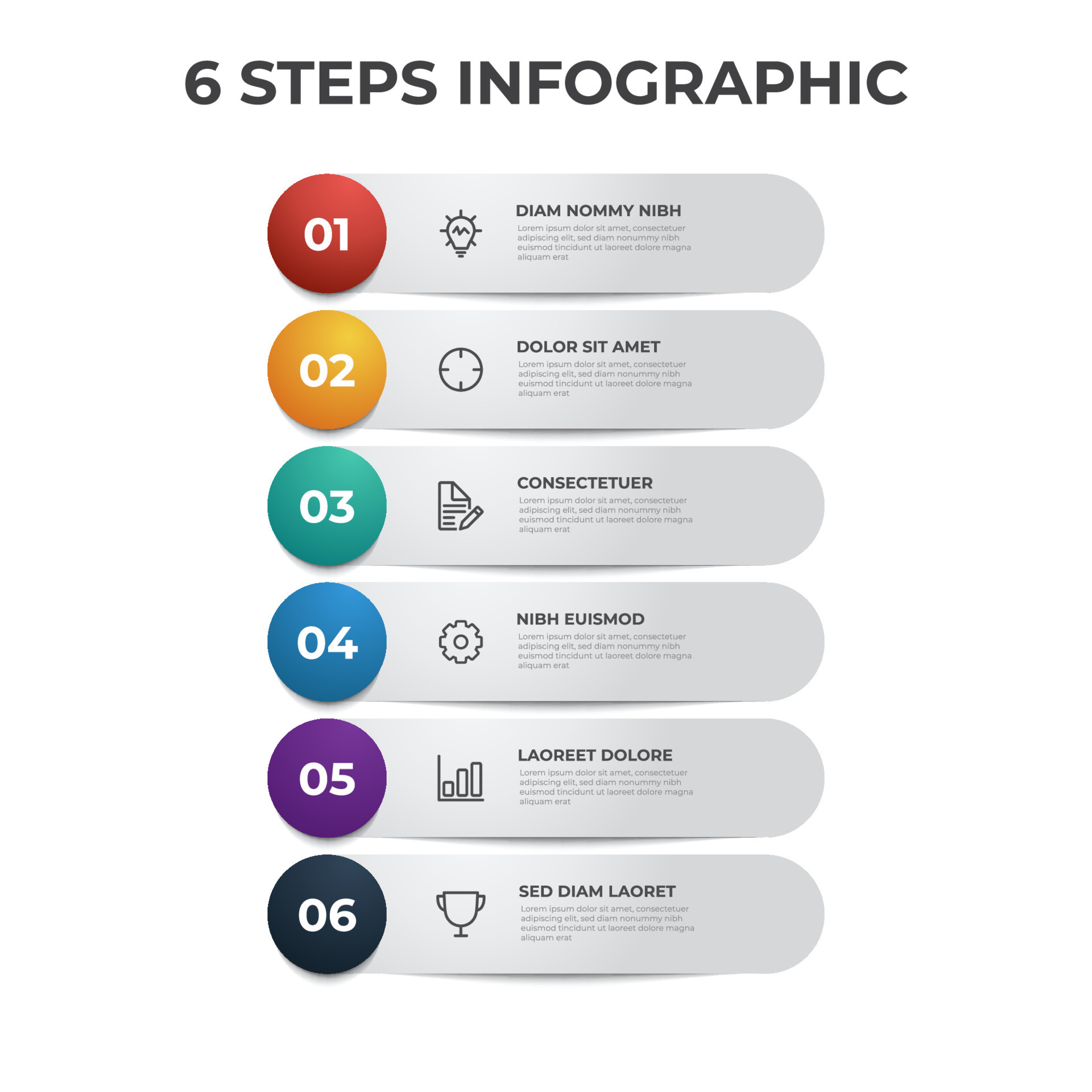6 row list of steps, layout diagram with number of sequence and icons, infographic element ...