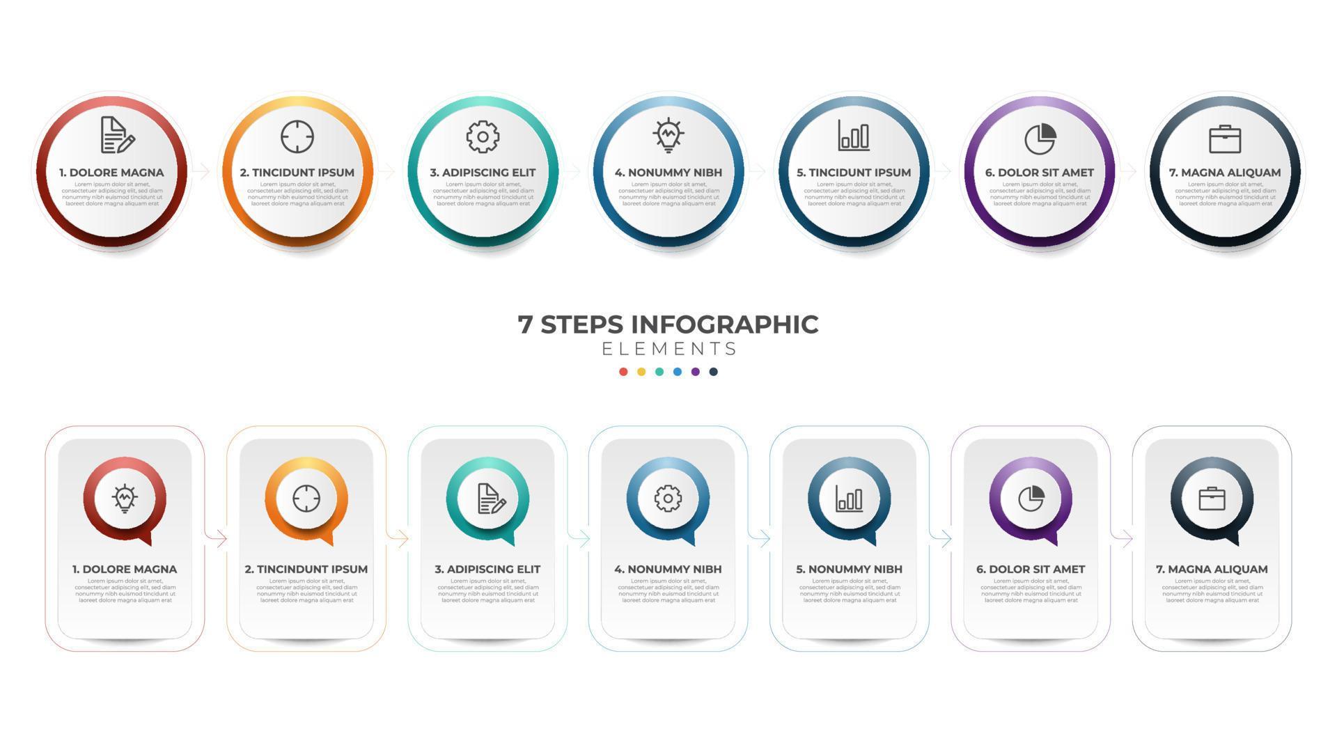 7 list of steps, horizontal sequence with icon and number, infographic element template layout ...
