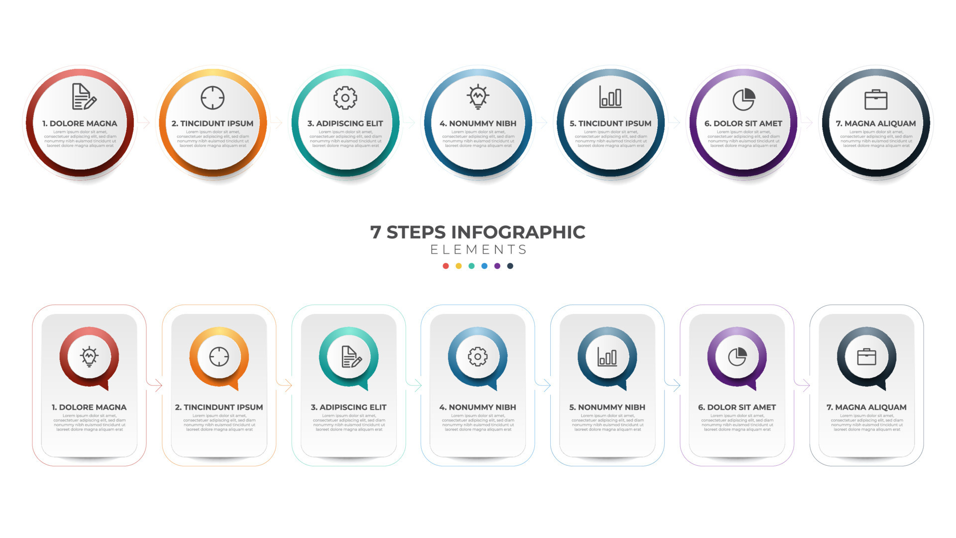 7 list of steps, horizontal sequence with icon and number, infographic element template layout ...