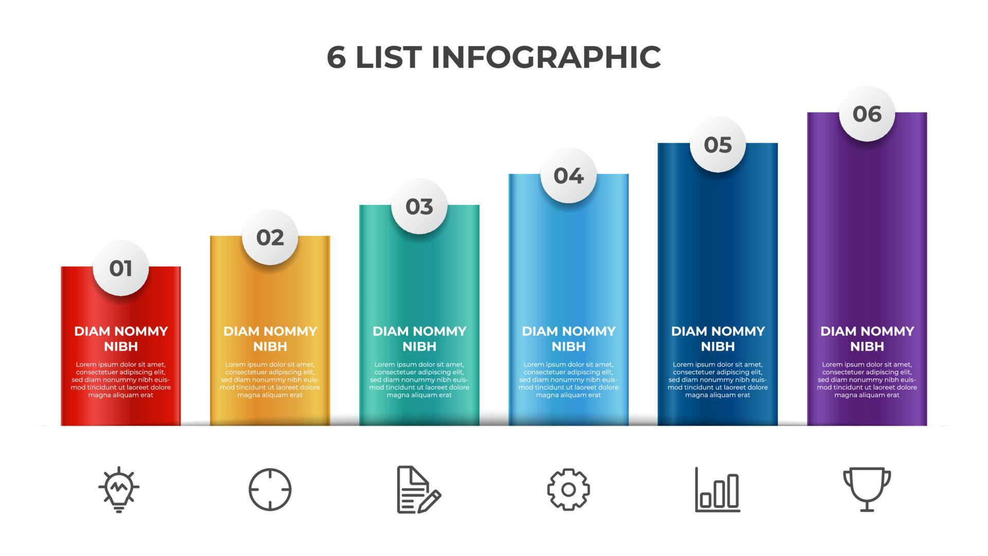 Ascending block list with 6 points, infographic element template with steps diagram vector ...