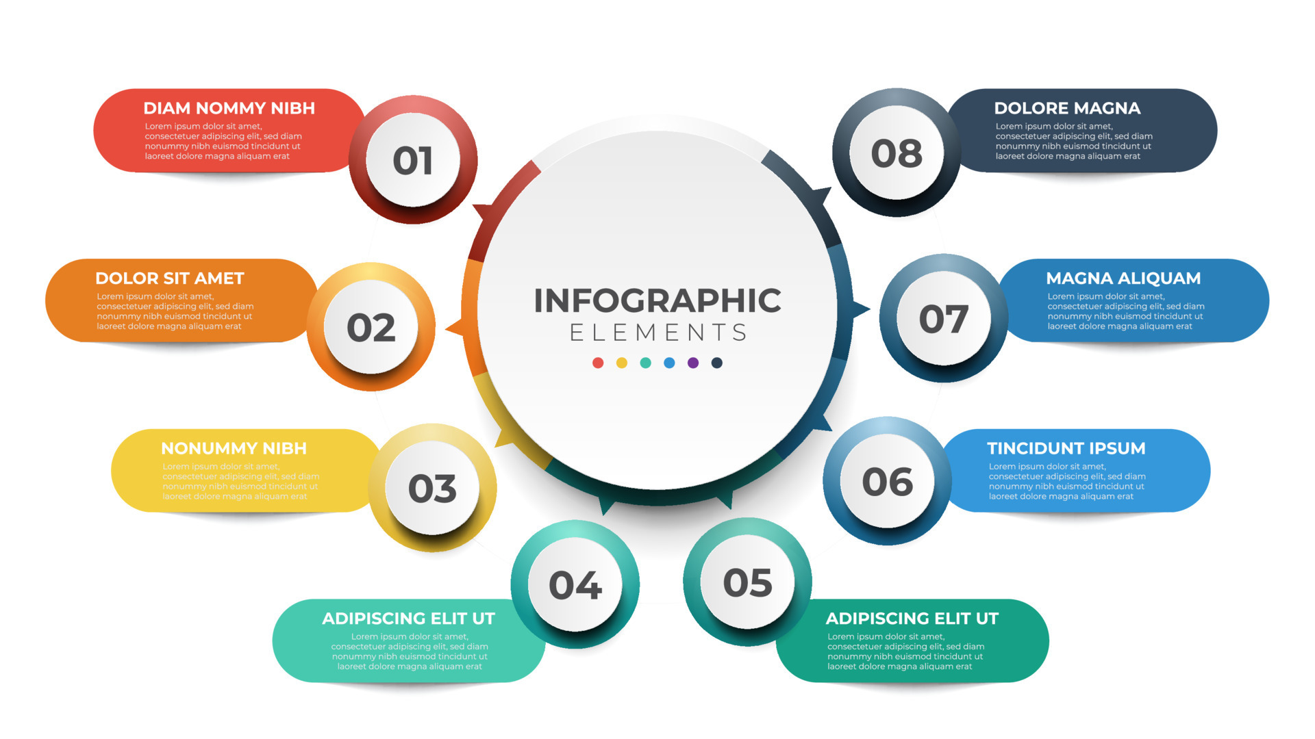 8 list of steps, layout diagram with number of sequence, circular infographic element template ...
