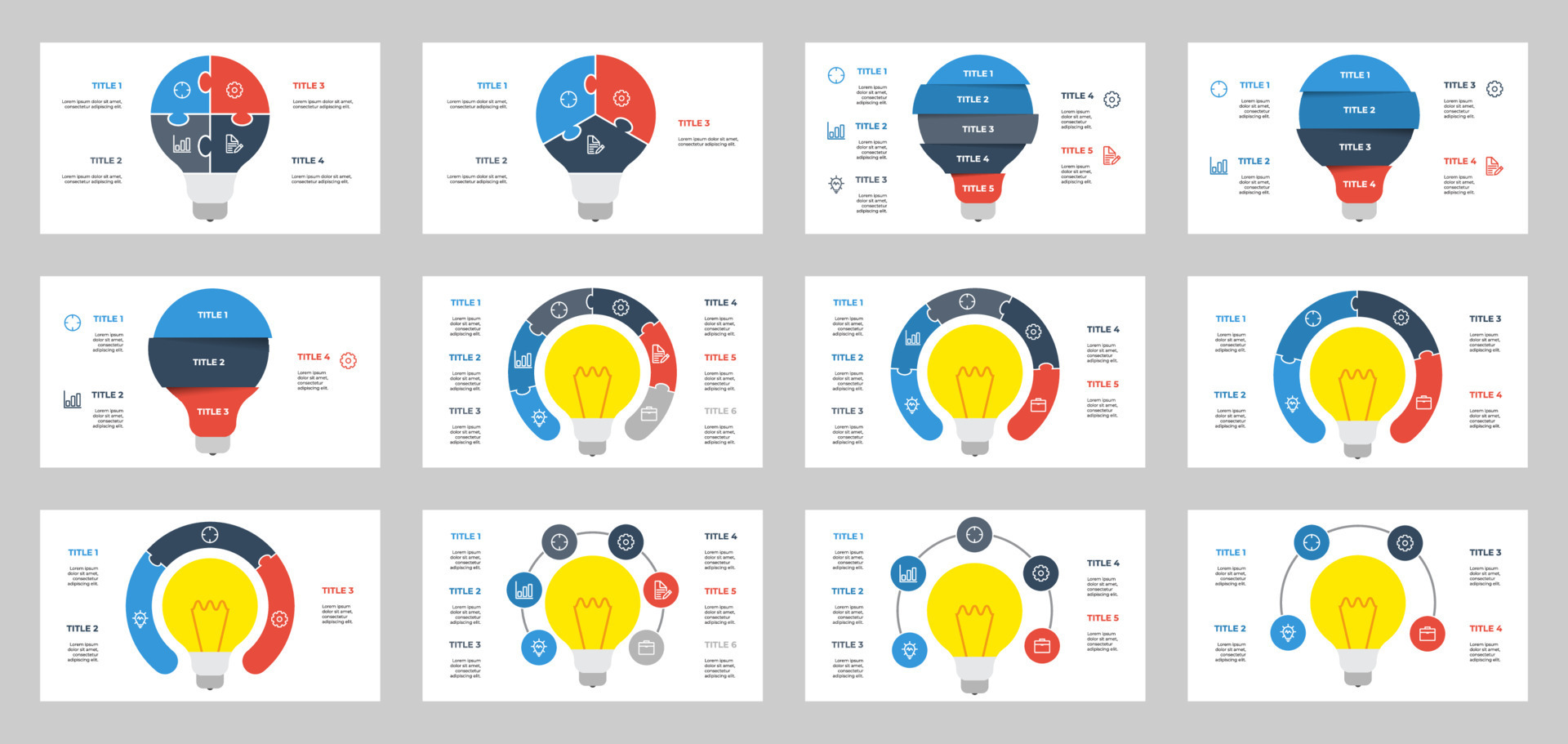 set of light bulb infographic element vector, data visualization with 3, 4, 5, 6 points, steps ...