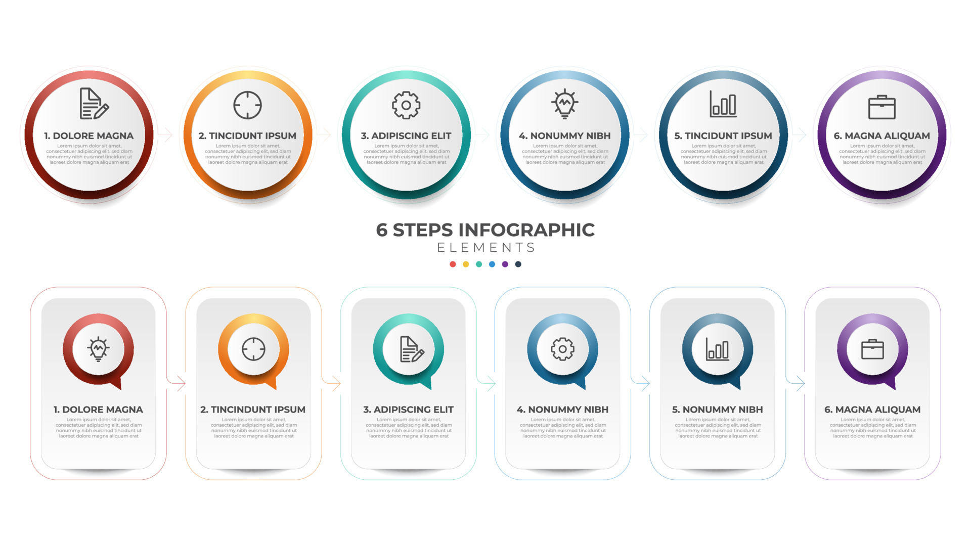 6 list of steps, horizontal sequence with icon and number, infographic element template layout ...
