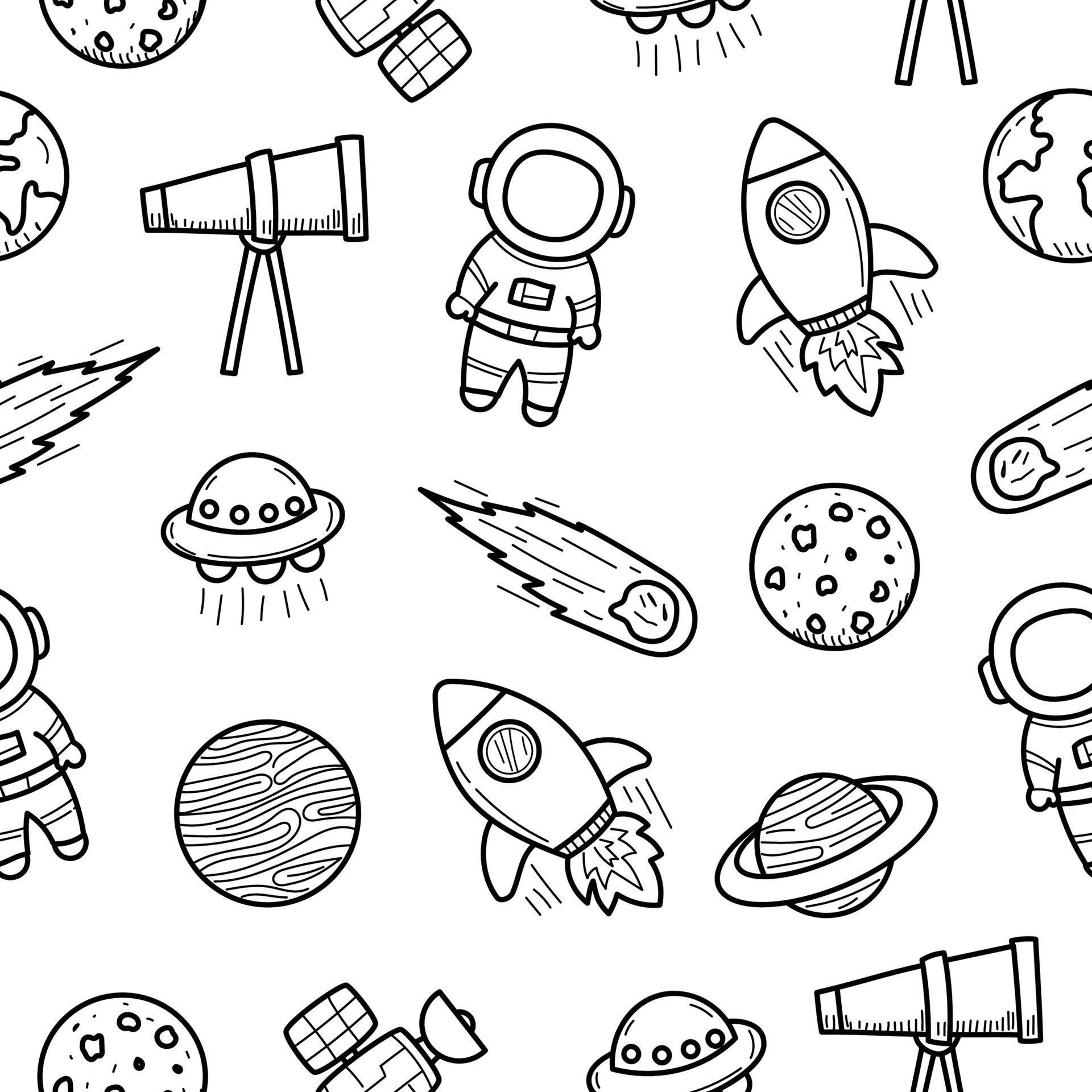 Space doodle seamless pattern with black and white color. Set of space and astronomy doodle ...