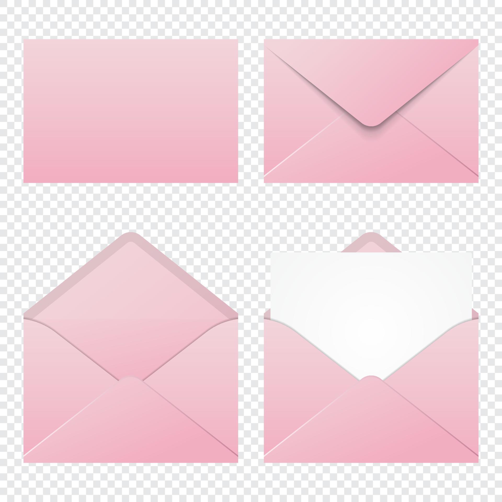 Set of realistic pink envelopes mockup. Realistic pink envelopes in different positions. Folded ...