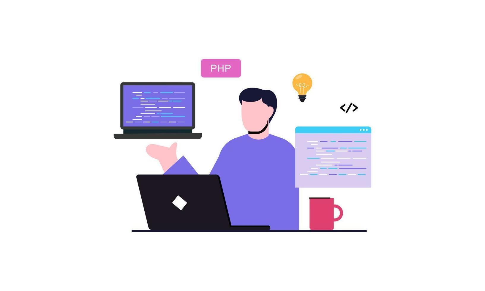 Man Programmer Is Working On His Laptop Coding And Programming 16915093 Vector Art At Vecteezy