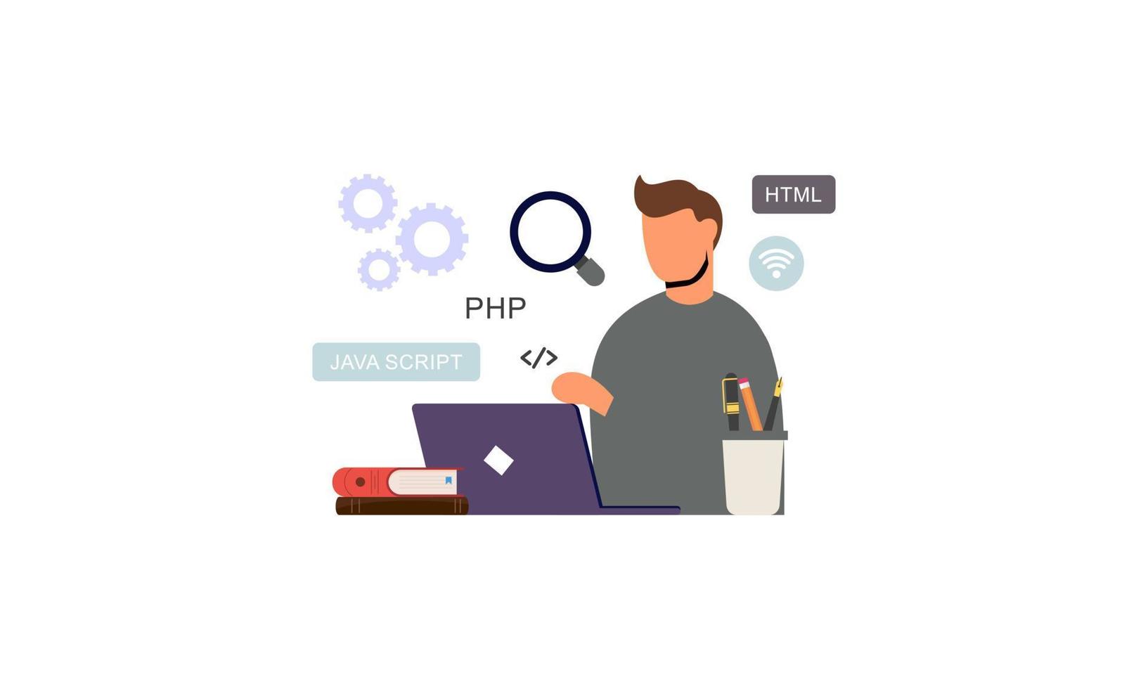Man Programmer Is Working On His Laptop Coding And Programming 16915094 Vector Art At Vecteezy