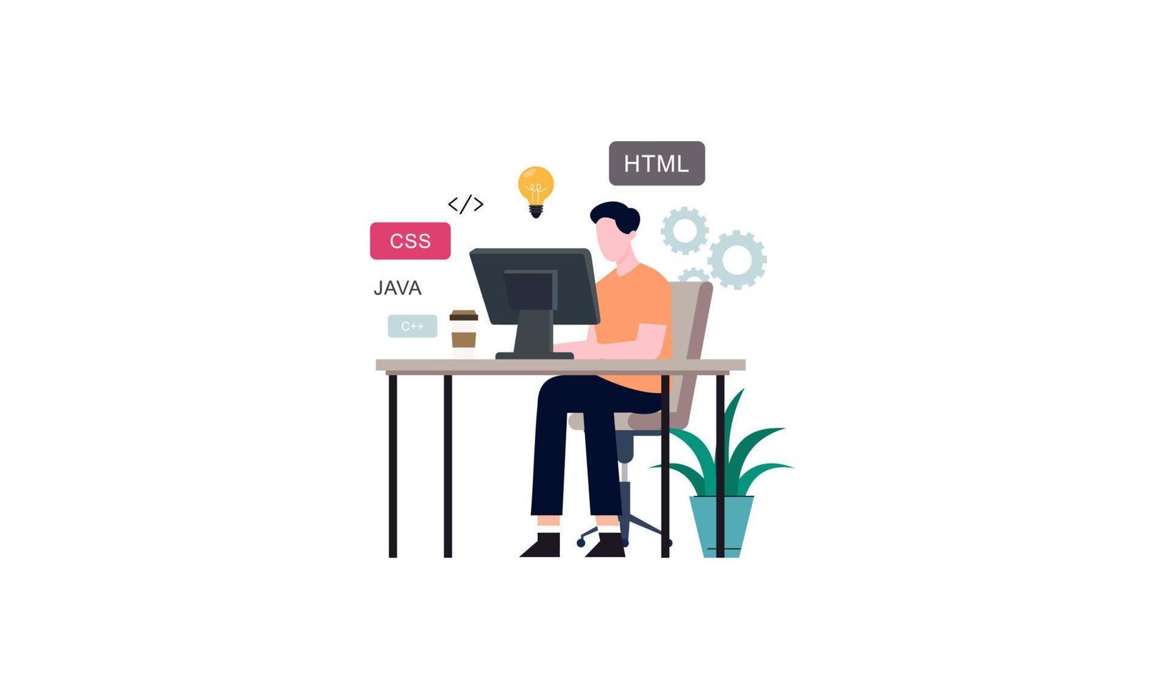Man Programmer Is Working On His Laptop Coding And Programming 16915095 Vector Art At Vecteezy