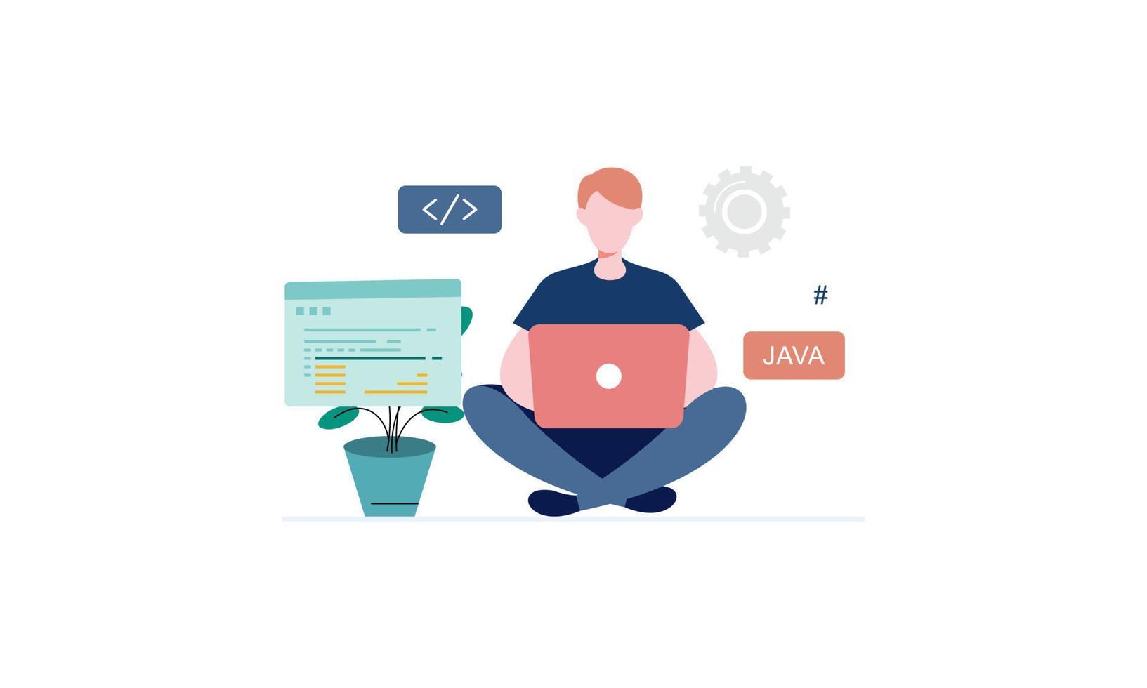Man Programmer Is Working On His Laptop Coding And Programming 16915096 Vector Art At Vecteezy