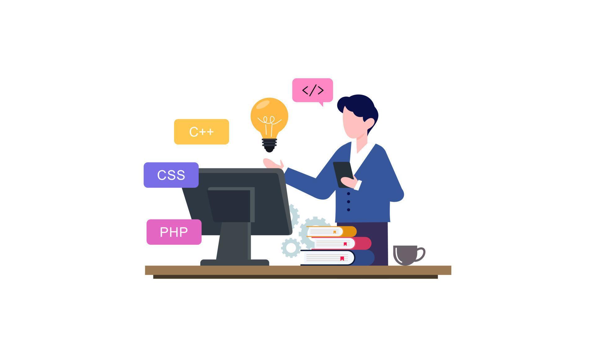 Man Programmer Is Working On His Laptop Coding And Programming 16915099 Vector Art At Vecteezy
