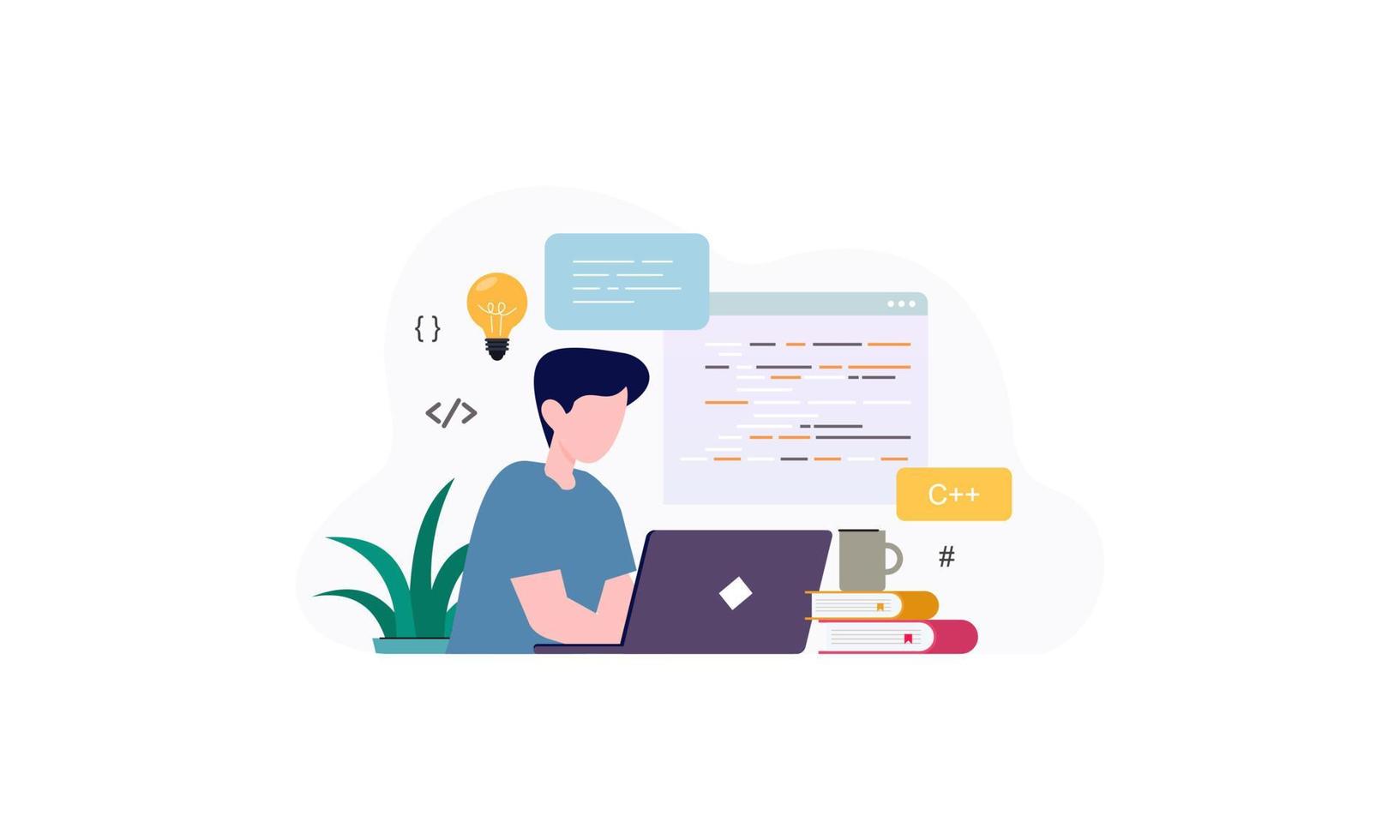 Man Programmer Is Working On His Laptop Coding And Programming 16915105 Vector Art At Vecteezy