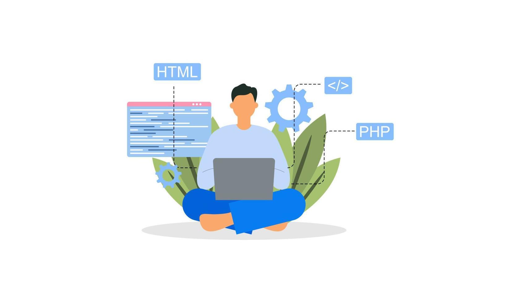 Man Programmer Is Working On His Laptop Coding And Programming 16915107 Vector Art At Vecteezy