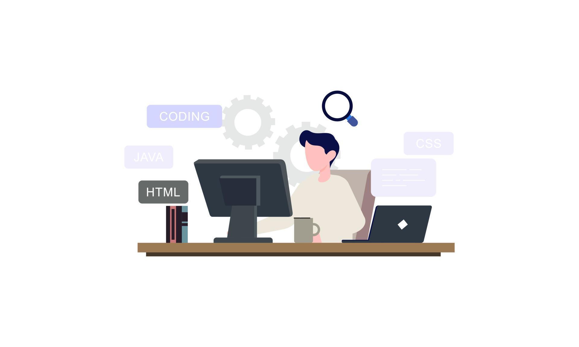 Man programmer is working on his laptop. Coding and programming. 16915108 Vector Art at Vecteezy