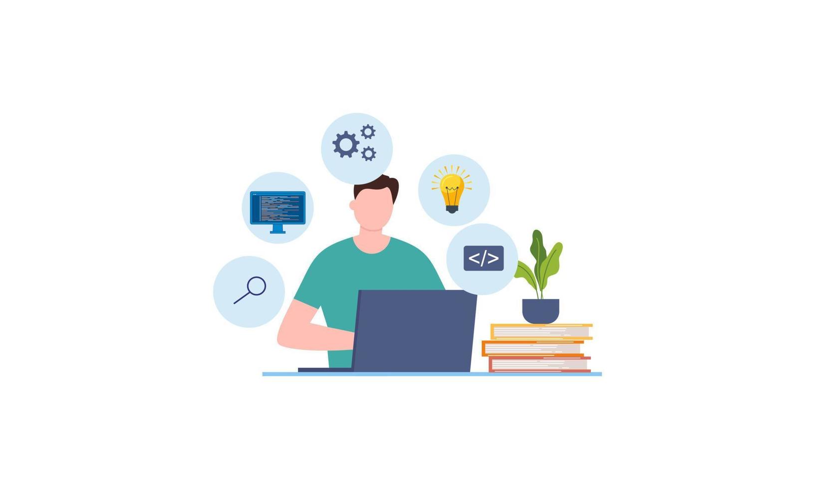 Man Programmer Is Working On His Laptop Coding And Programming 16915109 Vector Art At Vecteezy