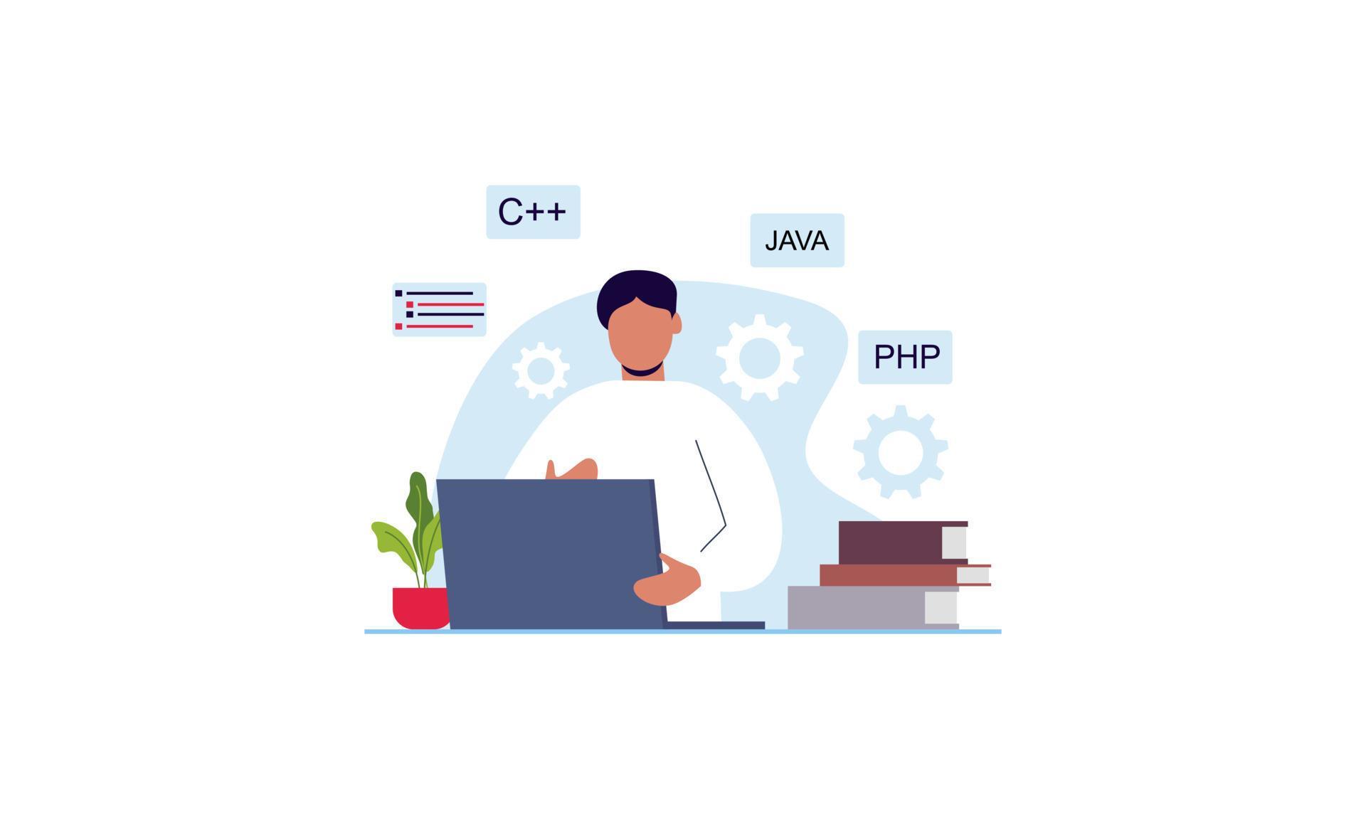 Man Programmer Is Working On His Laptop Coding And Programming 16915110 Vector Art At Vecteezy