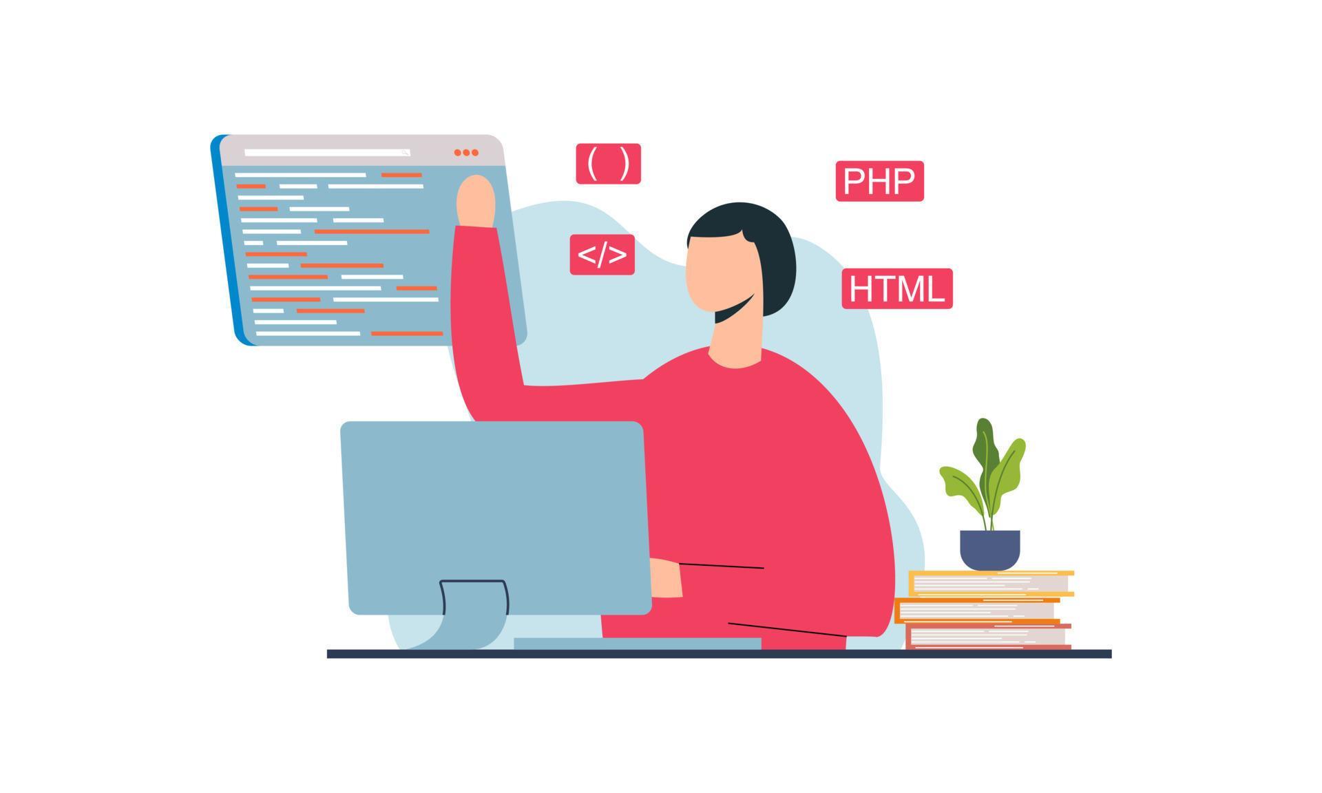 Man programmer is working on his laptop. Coding and programming. 16915116 Vector Art at Vecteezy