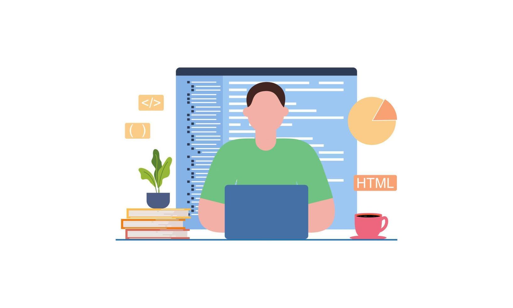 Man Programmer Is Working On His Laptop Coding And Programming 16915117 Vector Art At Vecteezy